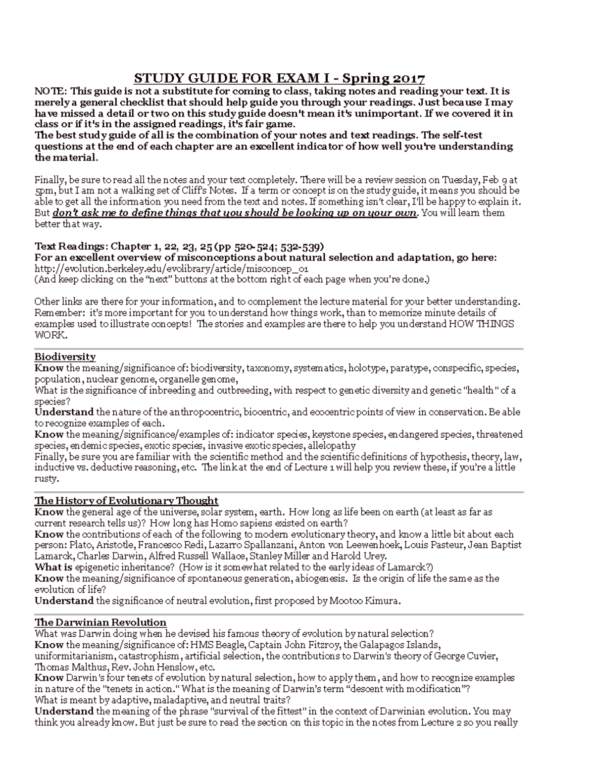 Exam 1 study guide notes spring 2017 - STUDY GUIDE FOR EXAM I Spring ...