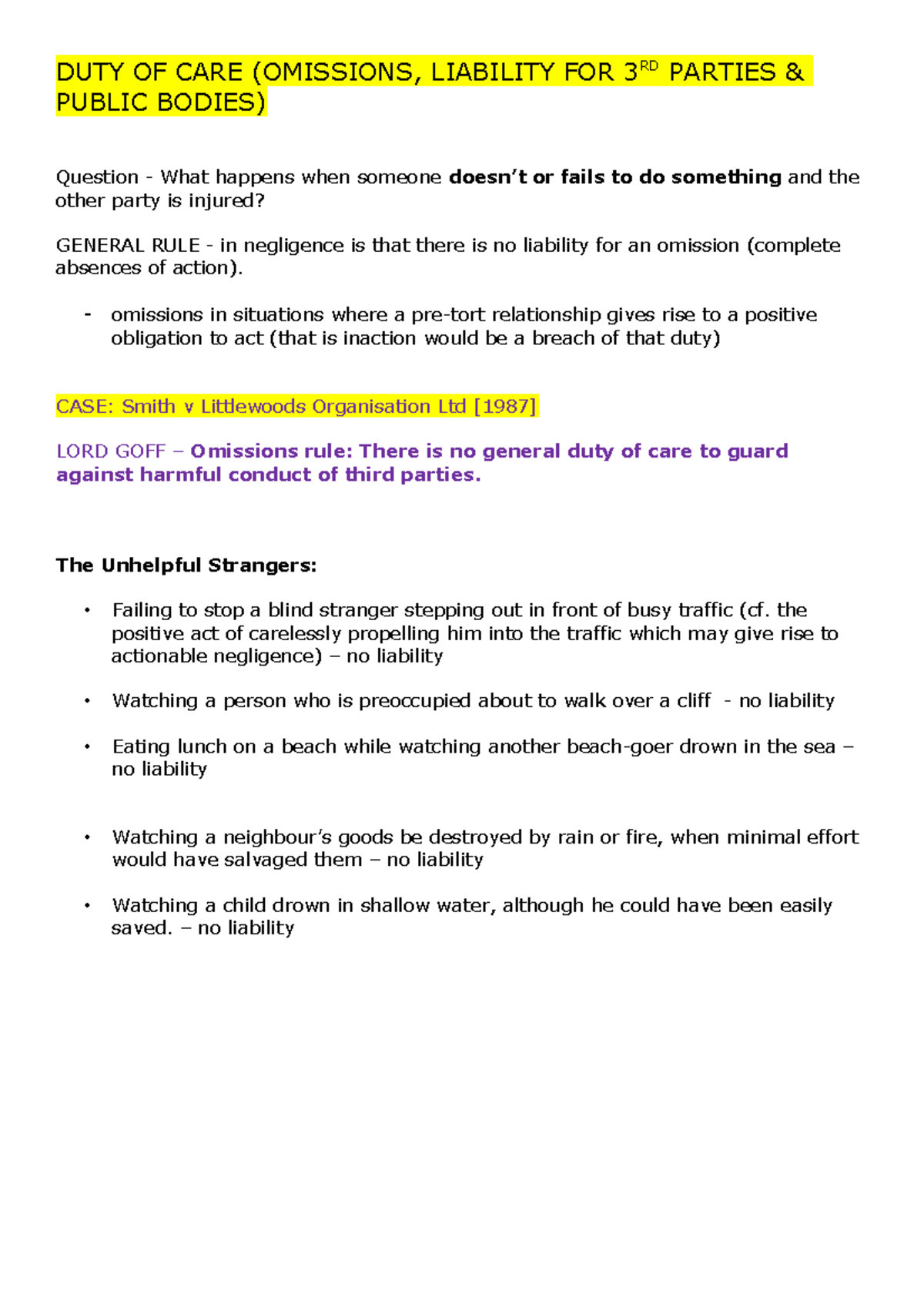 Lecture 3- omissions - DUTY OF CARE (OMISSIONS, LIABILITY FOR 3 RD ...