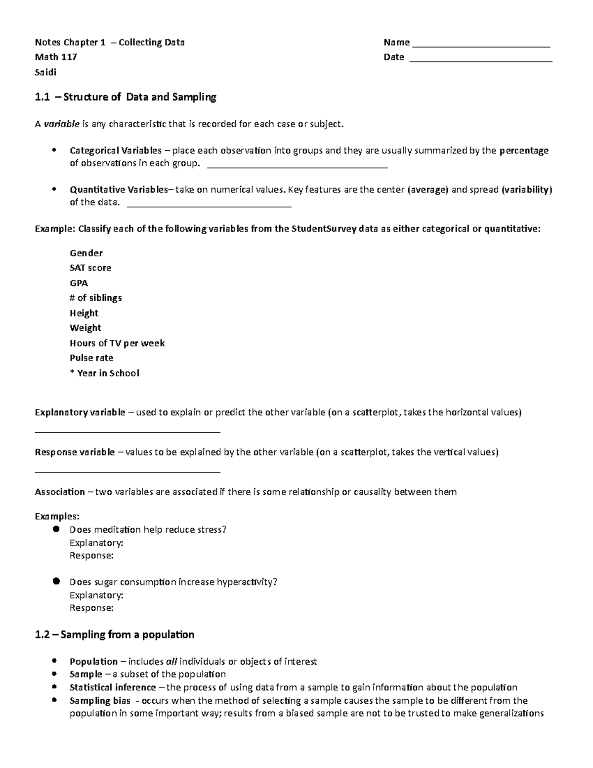 Math 117 Notes Ch 1 What Are Statistics Parameter Categoricalquantitative Variable Notes