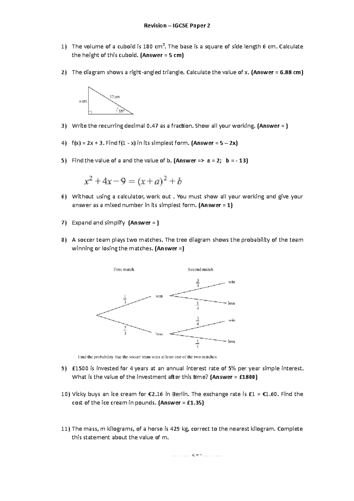 00. Exercise list - Igcse Paper 2 - Revision – IGCSE Paper 2 The volume ...