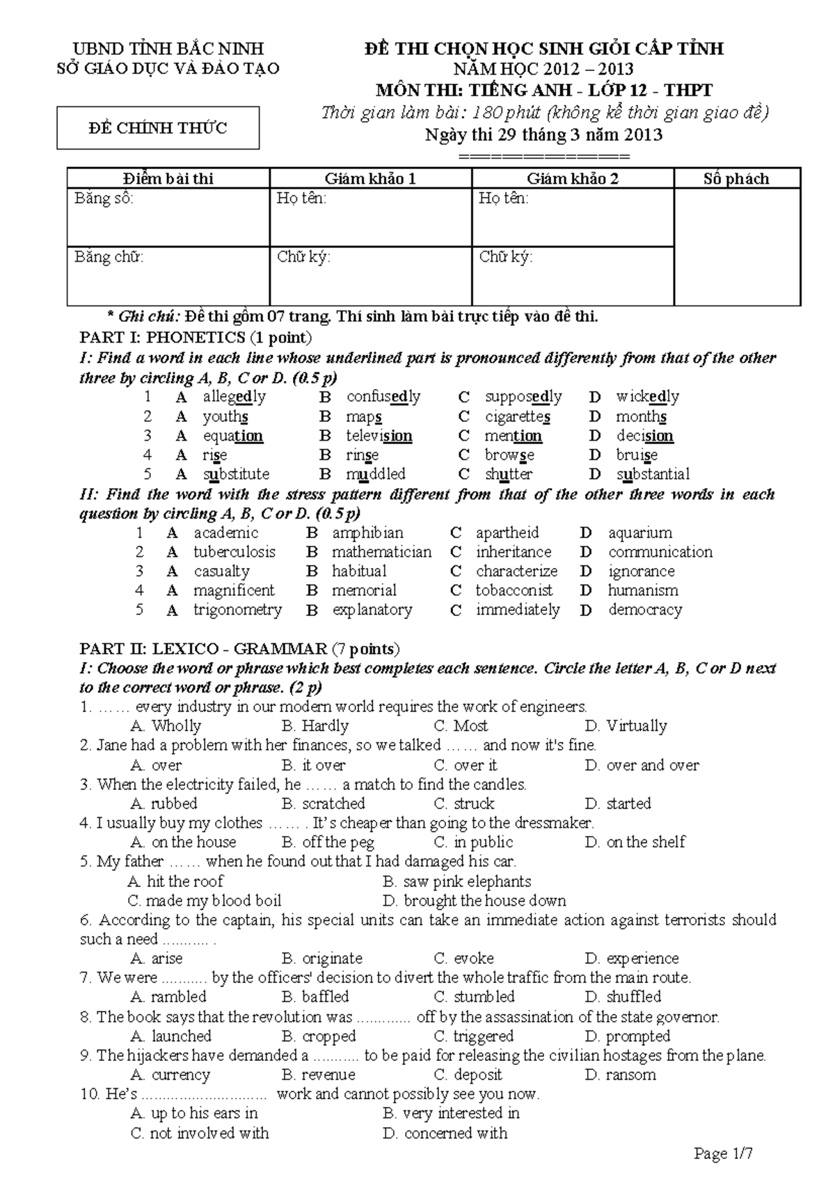 Dethi HSG Bac Ninh K12 2013 Tieng Anh - UBND TỈNH BẮC NINH SỞ GIÁO DỤC VÀ ĐÀO TẠO ĐỀ THI CHỌN ...