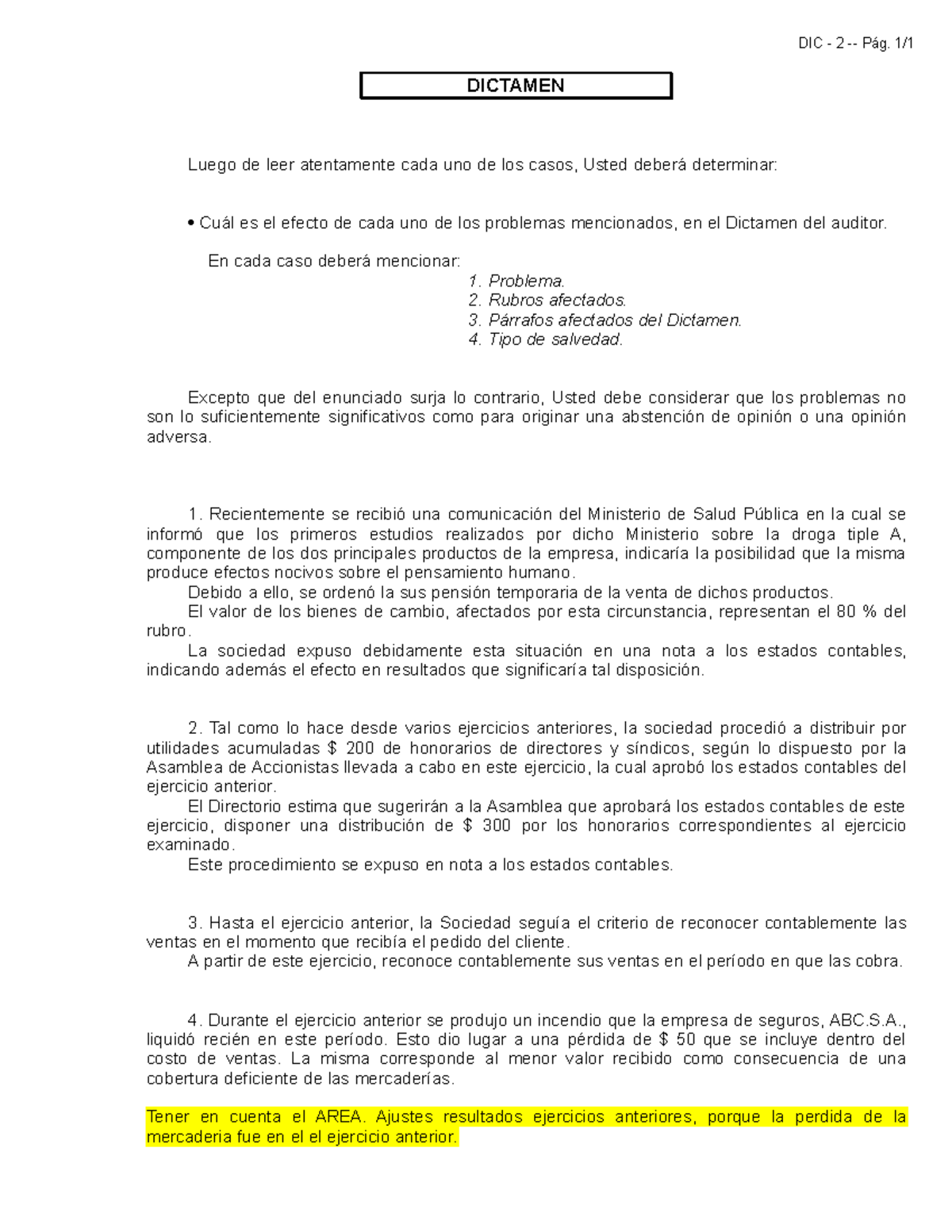 Dict2 - Ejercicios dictamenes - DIC - 2 - Pág. 1/ DICTAMEN Luego de ...