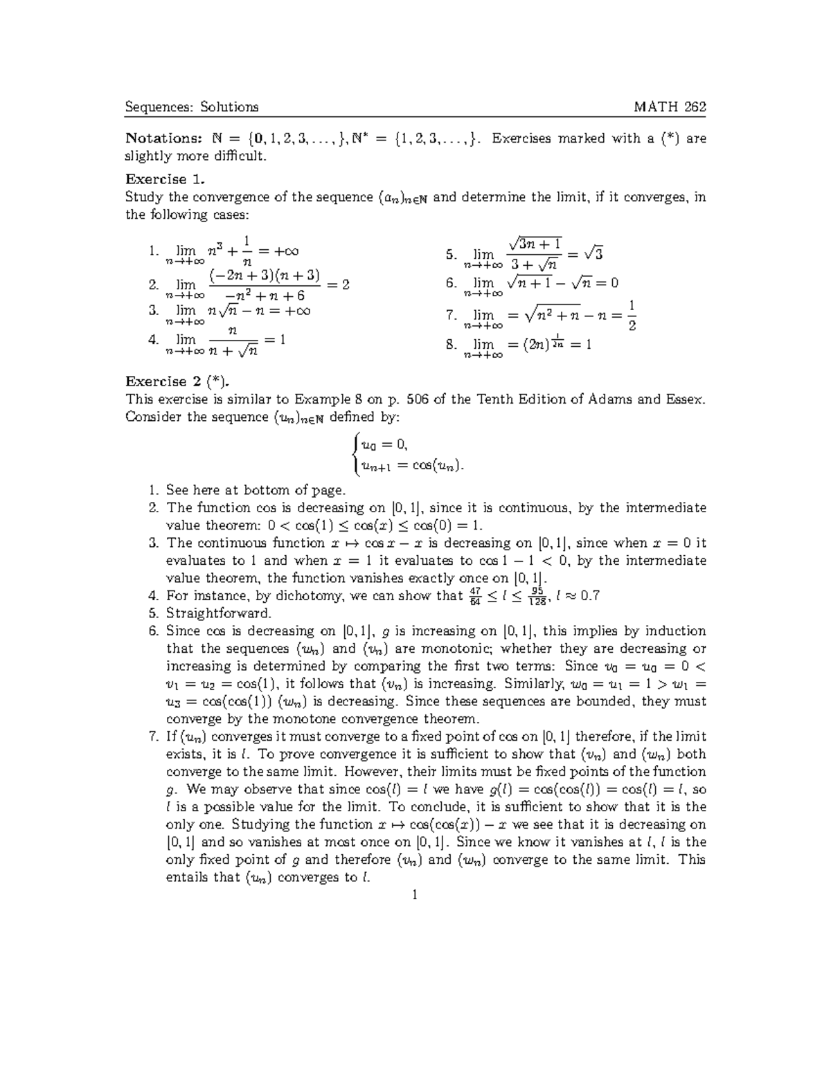 Solutions 1 - asdfafafadsf - Sequences: Solutions MATH 262 Notations: N ...