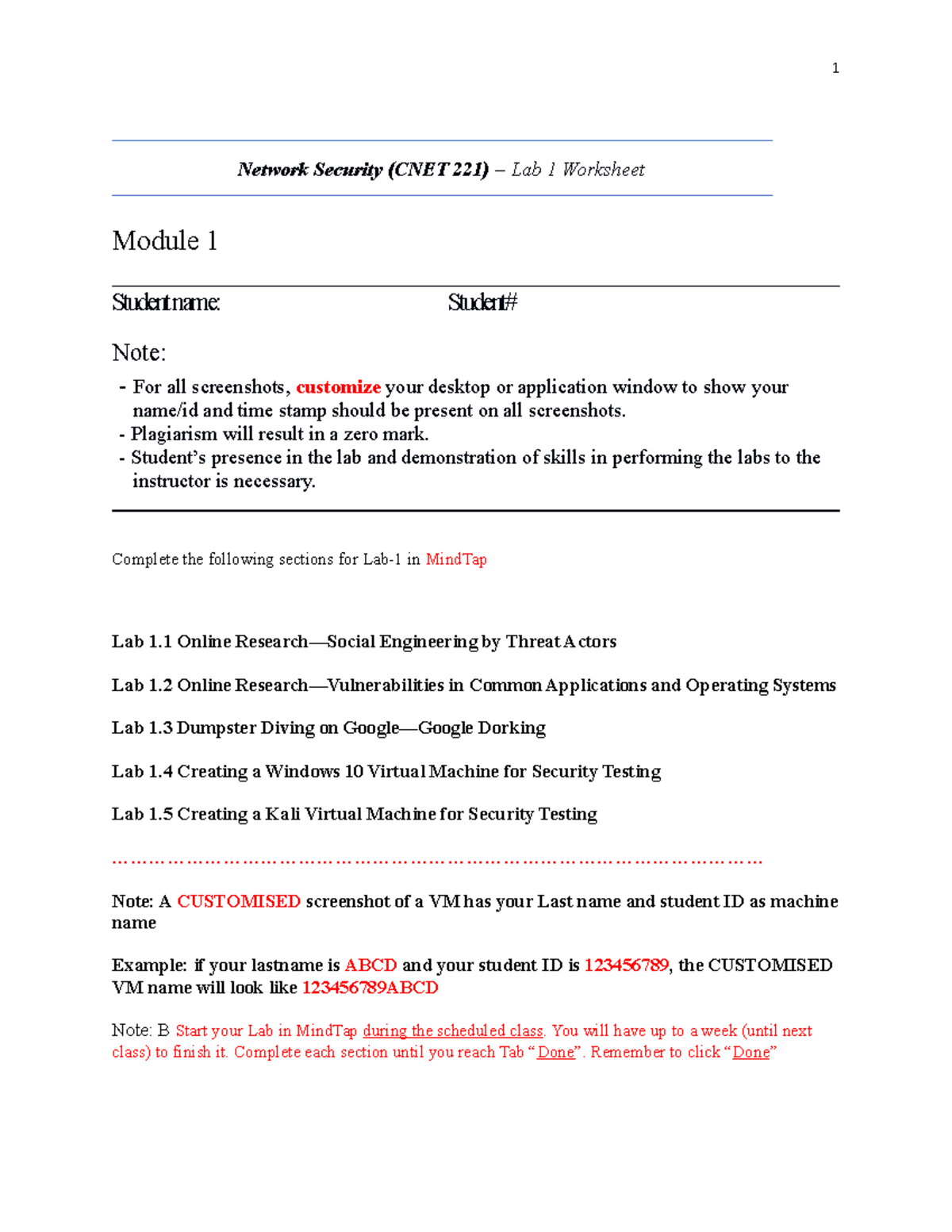 Lab 1 - Lab - 1 Network Security (CNET 221) – Lab 1 Worksheet Module 1 ...