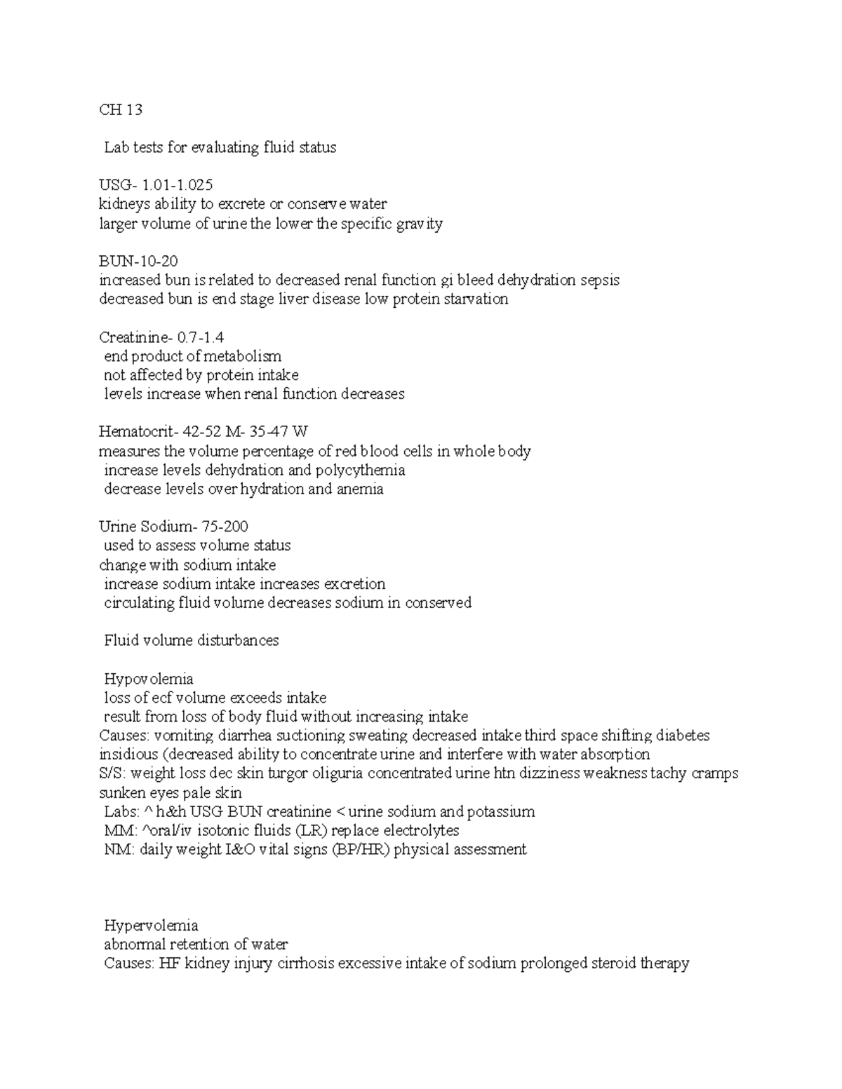 Exam 1 Study Guide word - CH 13 Lab tests for evaluating fluid status ...