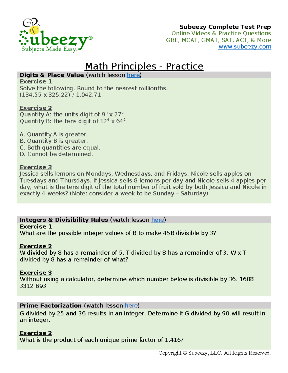 Math Principles Practice - Subeezy Complete Test Prep Online Videos ...