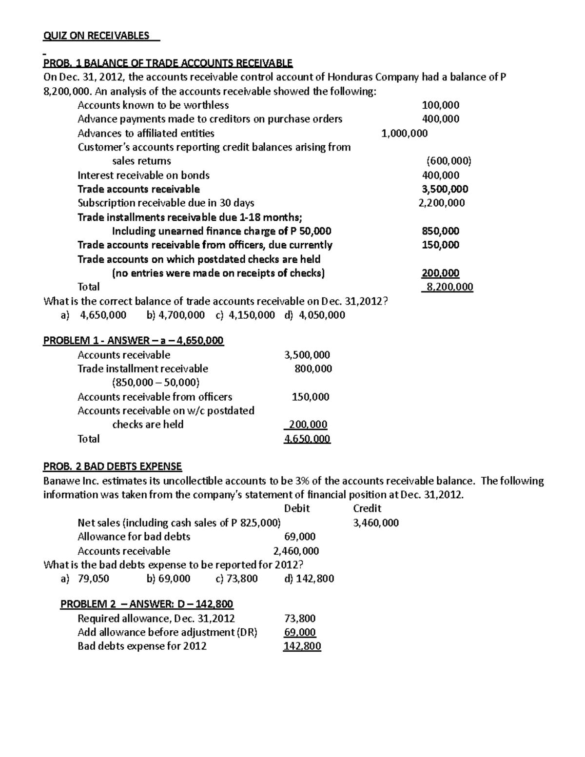 Ac503quizreceivables - QUIZ ON RECEIVABLES PROB. 1 BALANCE OF TRADE ...