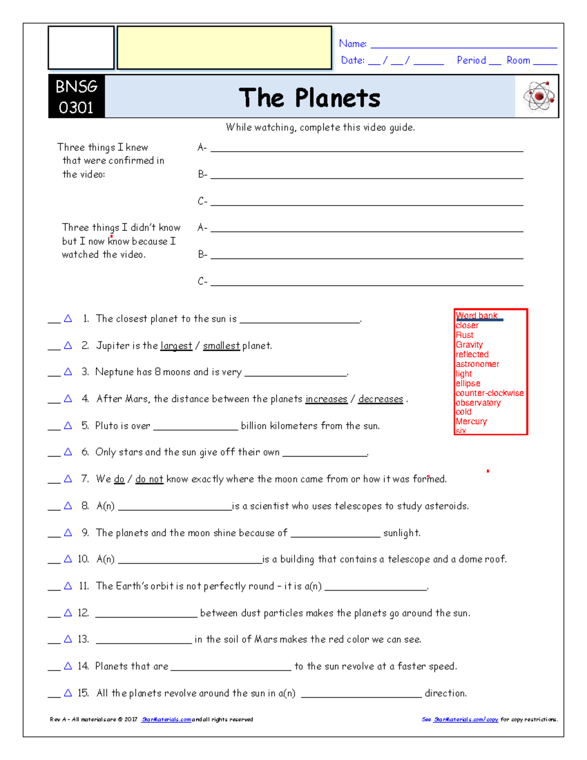 bill nye planets - . Name: _______________________________ Date ...