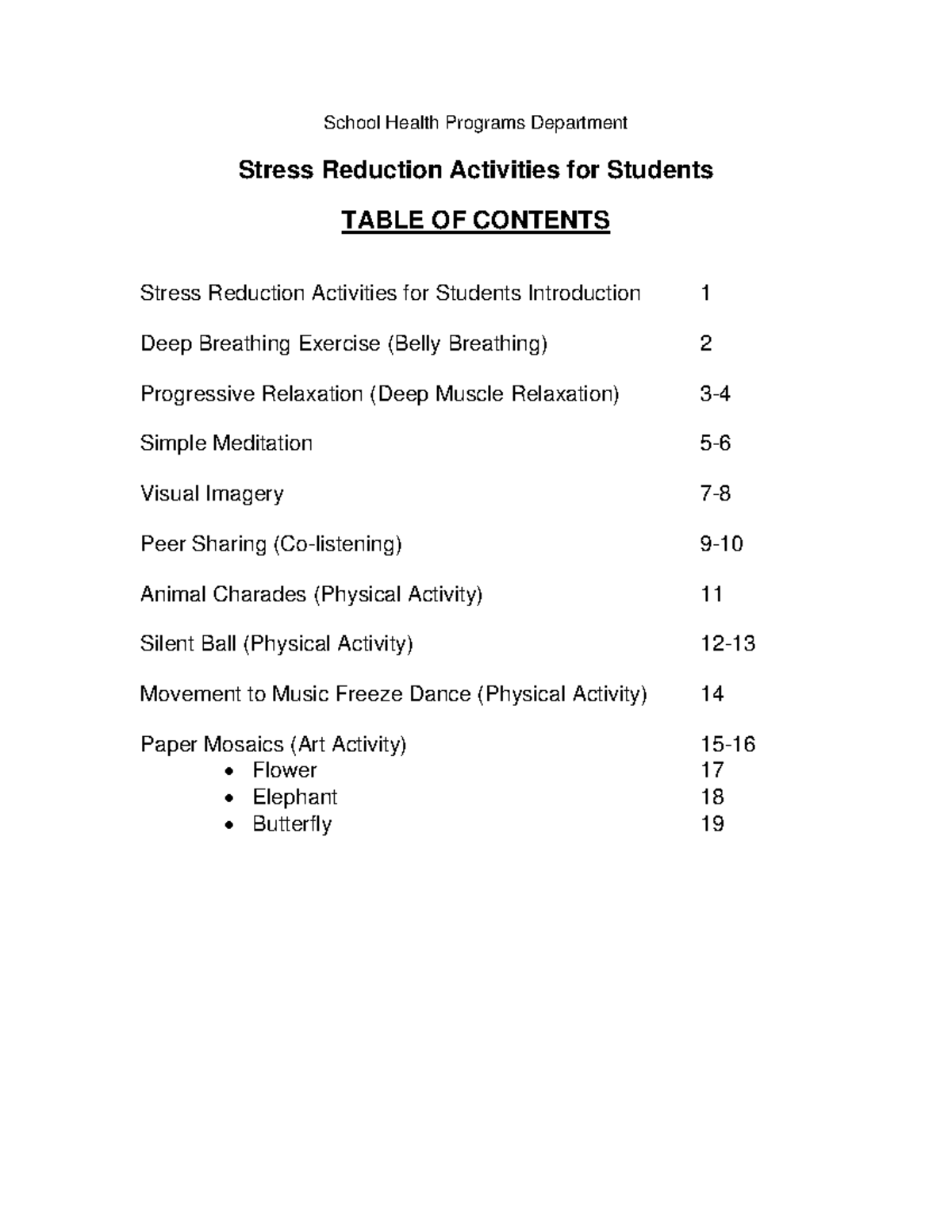 Stress Reduction Activities - School Health Programs Department Stress ...