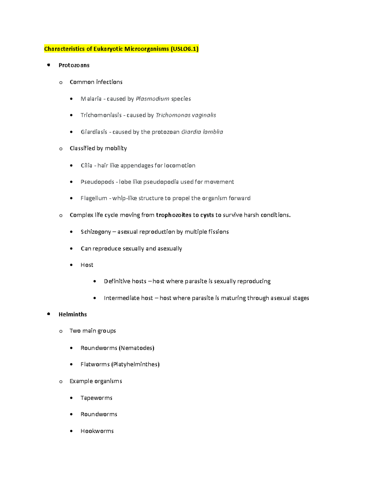 Micro Unit 6 Study Guide - Characteristics of Eukaryotic Microorganisms ...