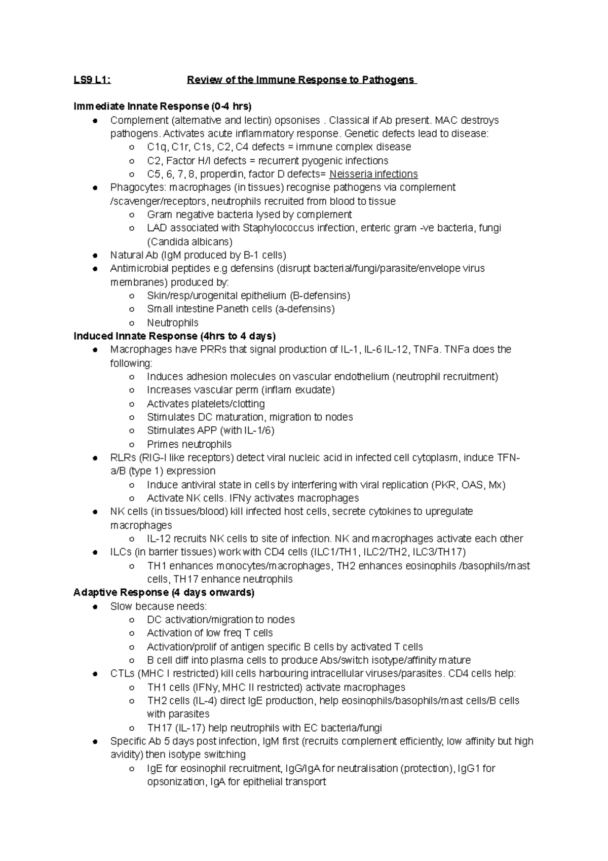 Review of the Immune Response to Pathogens - LS9 L1: Review of the ...