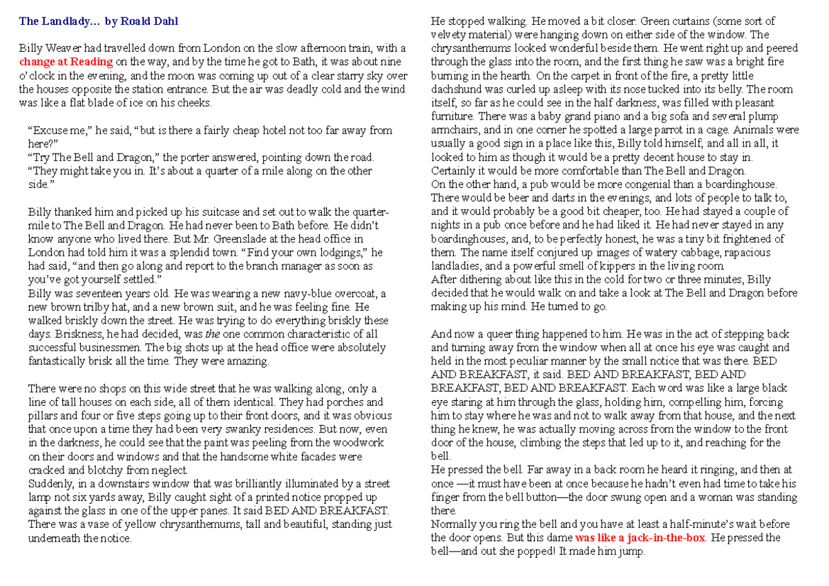 The-Landlady - Cuento corto en Inglés - The Landlady... by Roald Dahl ...