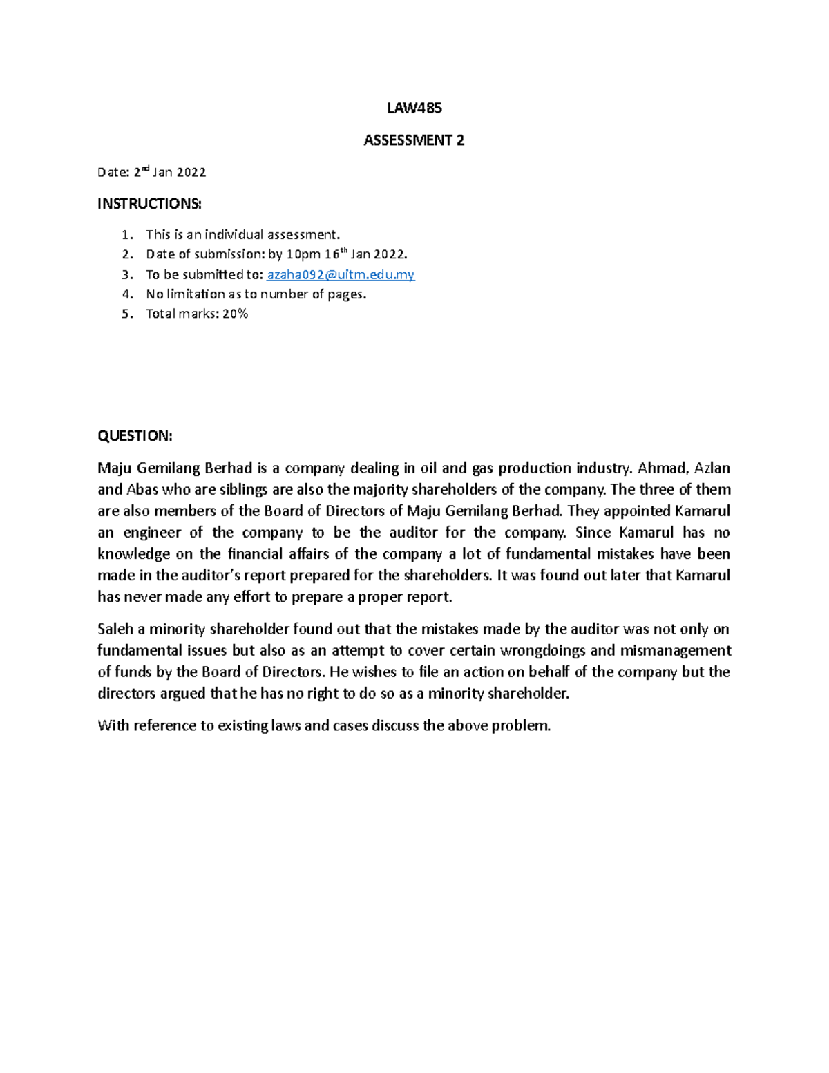 LAW485 INDIVIDUAL ASSIGNMENT BY UITM 2022 - LAW ASSESSMENT 2 Date: 2nd ...