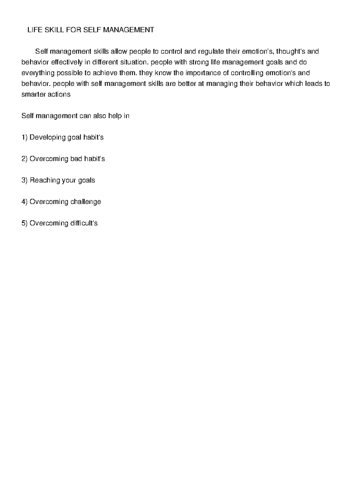 Life skill for self management - LIFE SKILL FOR SELF MANAGEMENT Self ...