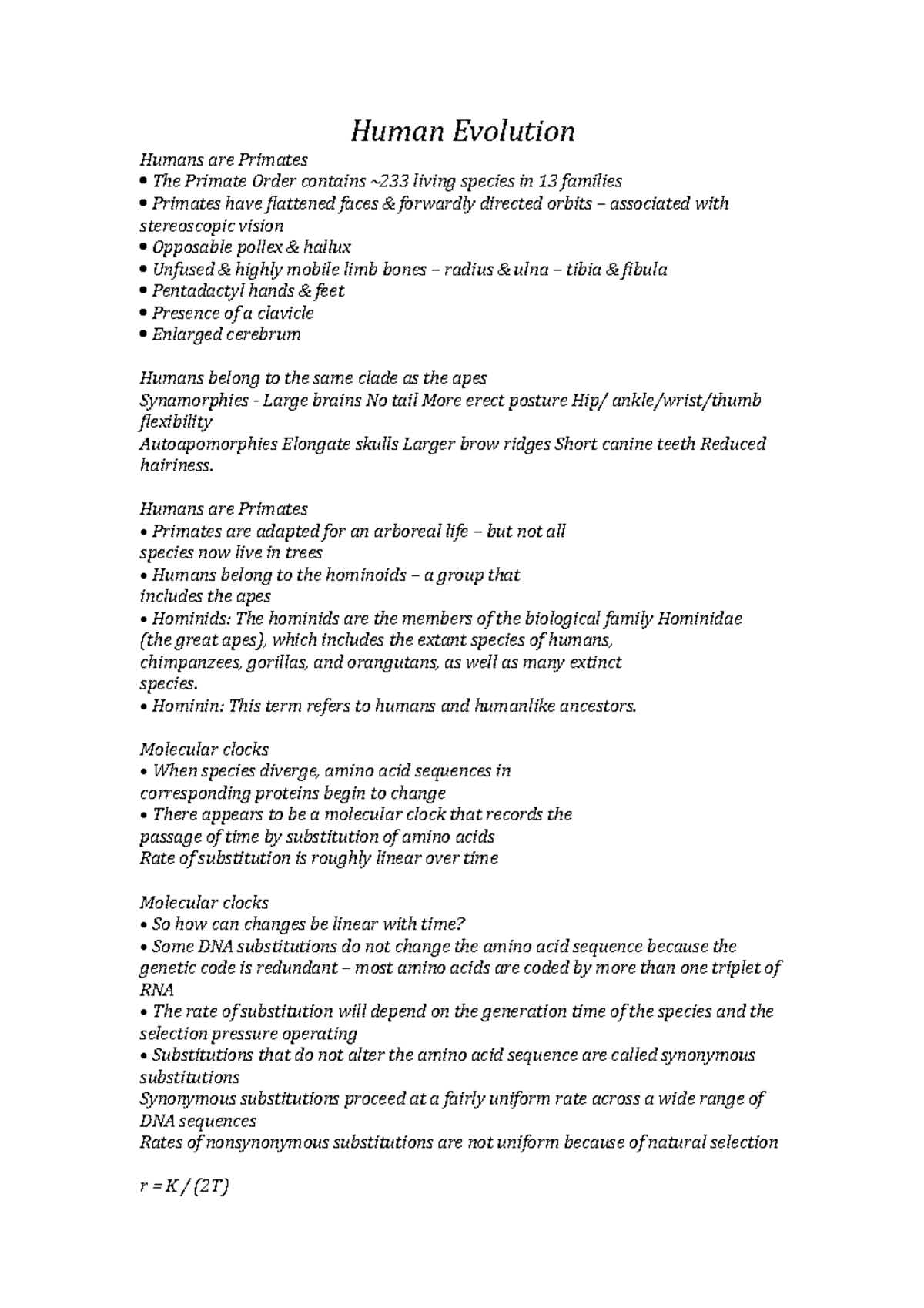 Human Evolution - Lecture notes Semester 2 First Year - Human Evolution ...