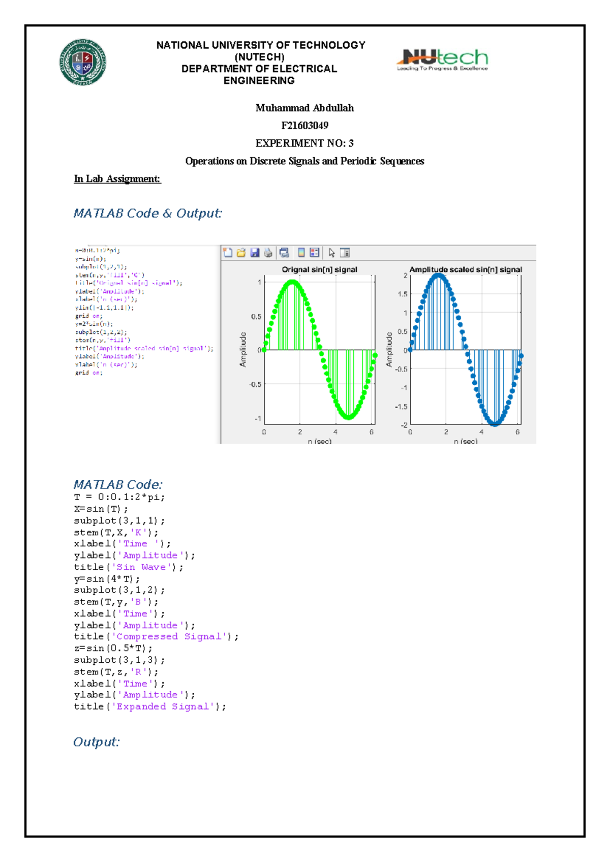 DSP Lab 3 49 - Operations on Discrete Signals and Periodic Sequences - (NUTECH) DEPARTMENT OF ...