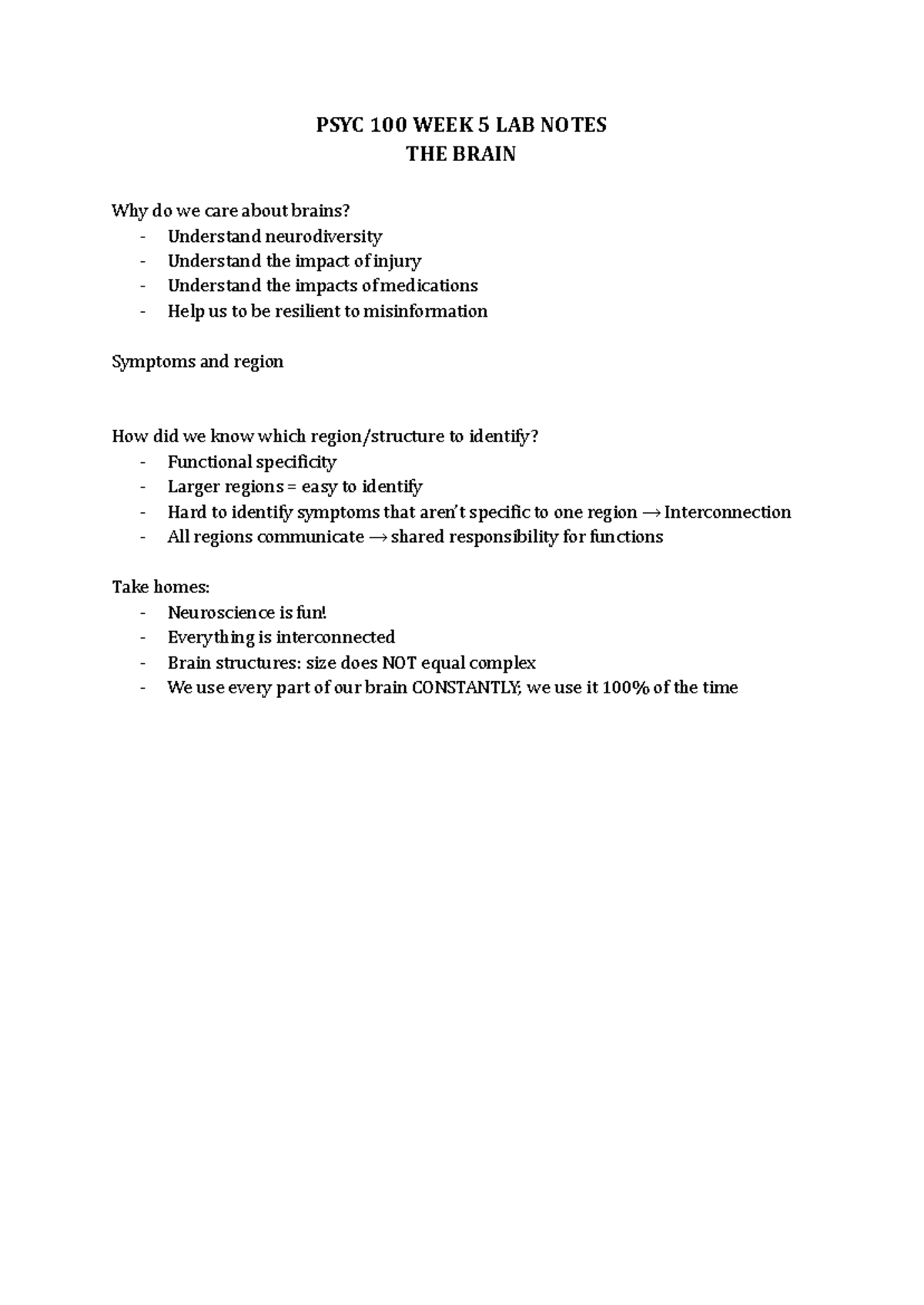 Psyc 100 week 5 the brain tutorial - PSYC 100 WEEK 5 LAB NOTES THE ...