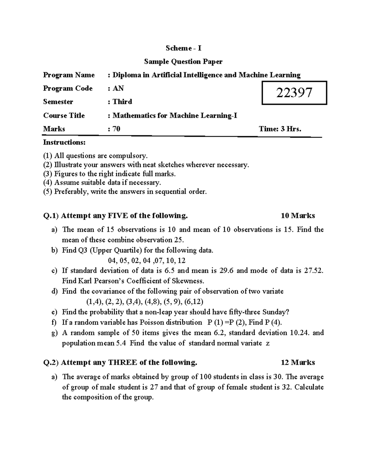 AN-3-I 22397 - PYQP of MML 1 - Scheme - I Sample Question Paper Program ...