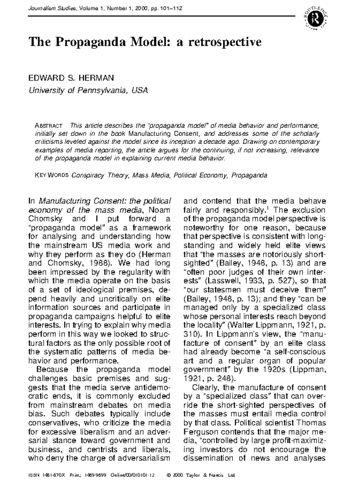 Week 11 Herman The propaganda model a retrospective - Journalism ...