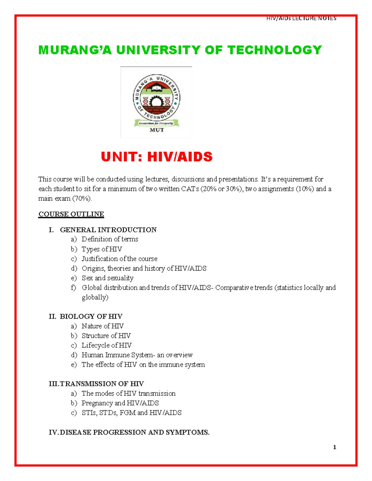 HIV AIDS Notes.doc-2014-1 - MURANG’A UNIVERSITY OF TECHNOLOGY UNIT: HIV ...
