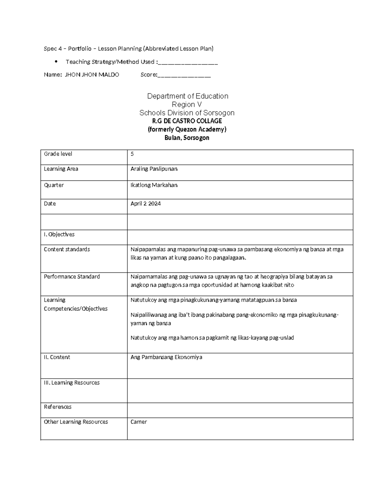 Spec 4 – Lesson Plan - Spec 4 – Portfolio – Lesson Planning ...