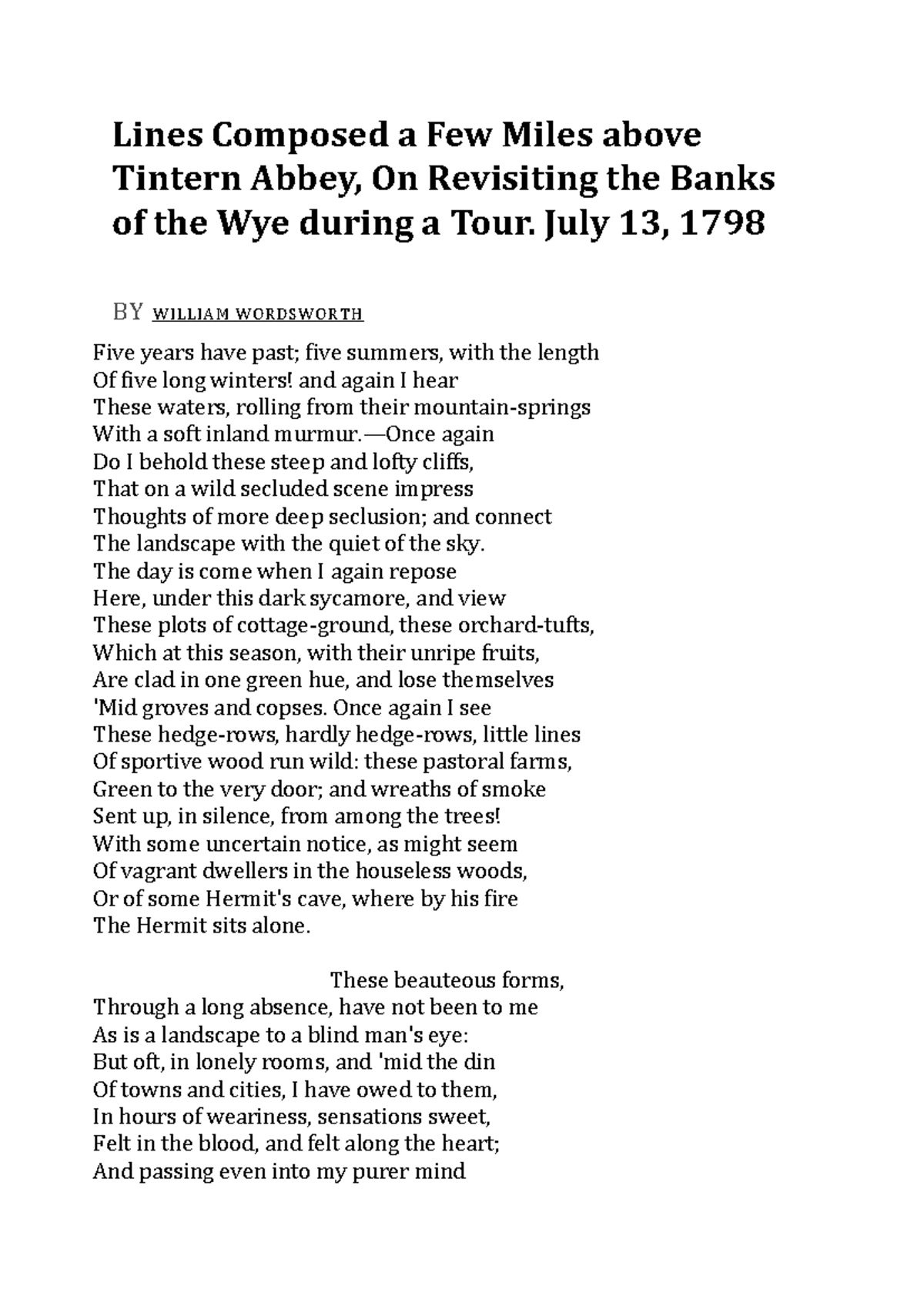 William Wordsworth Tintern Abbey TEXT - Lines Composed a Few Miles ...