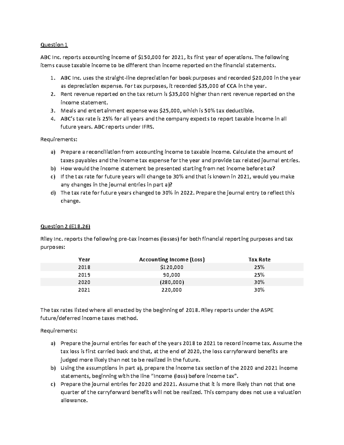 Chapter 18 tutorial F2021 (1).pdf - Question 1 ABC Inc. reports accounting income of $ 150 , 000 ...