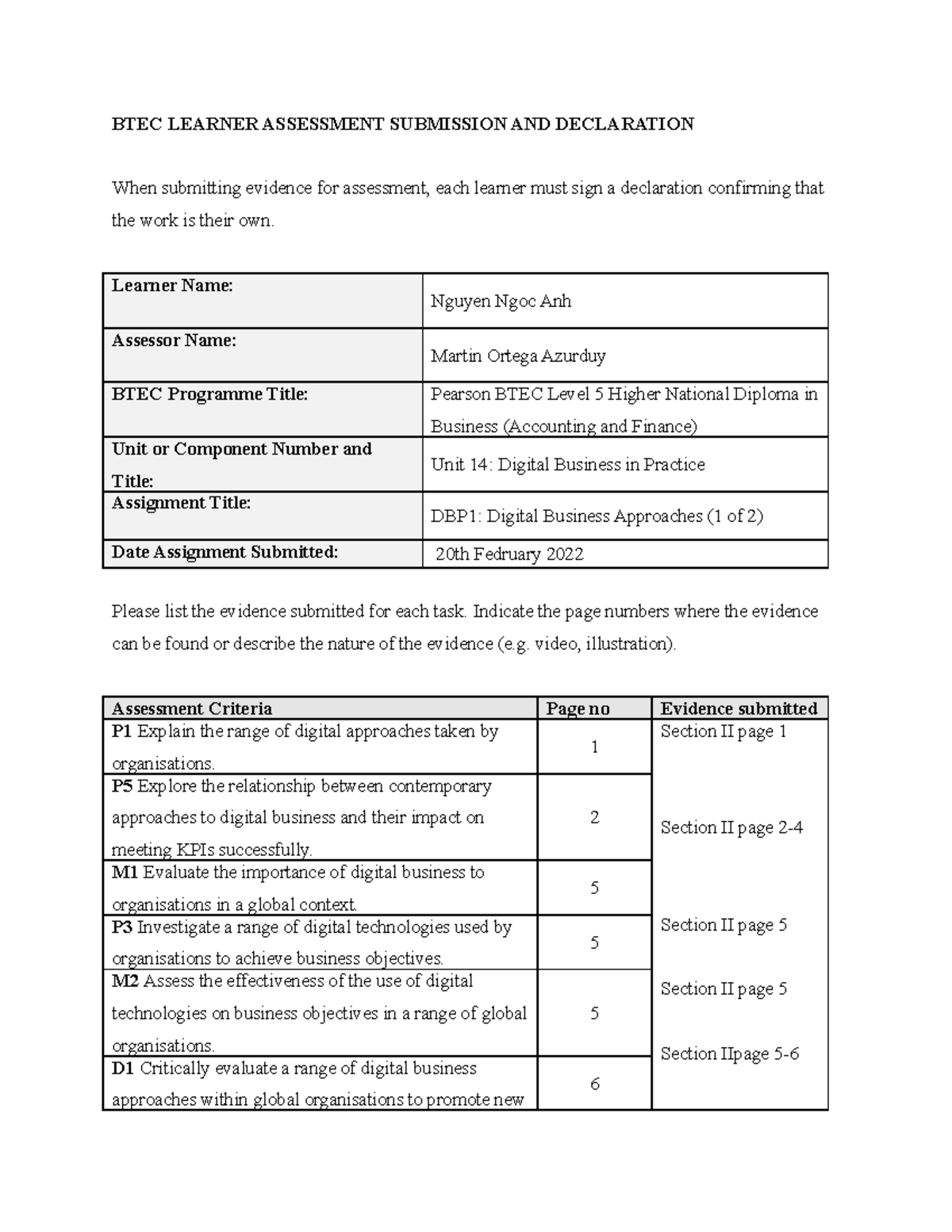 Nguyễn Ngọc Ánh - BTEC LEARNER ASSESSMENT SUBMISSION AND DECLARATION When submitting evidence ...