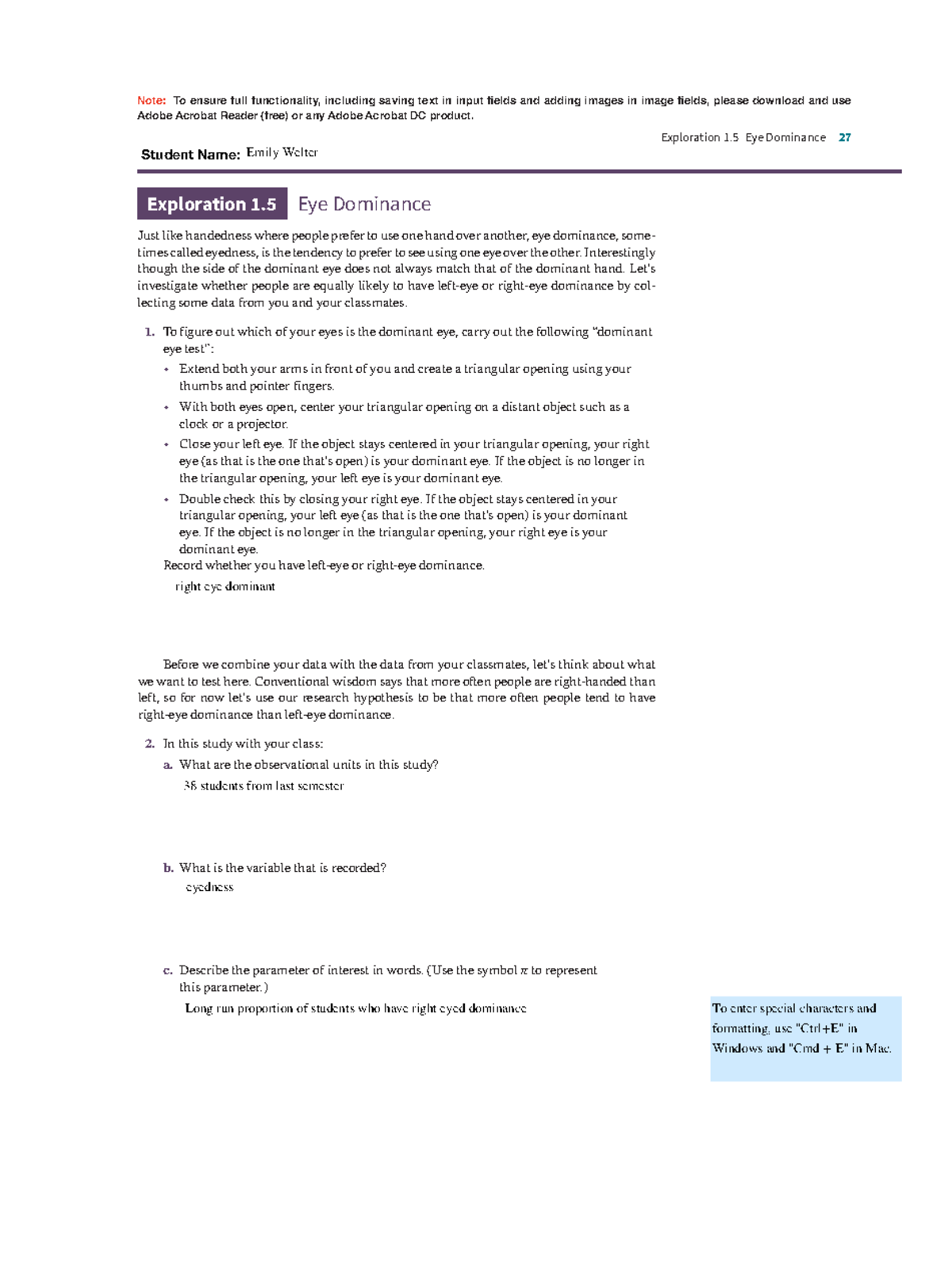 Exploration 1 - exp 1 - Exploration 1 Eye Dominance 27 Note: To ensure full functionality ...