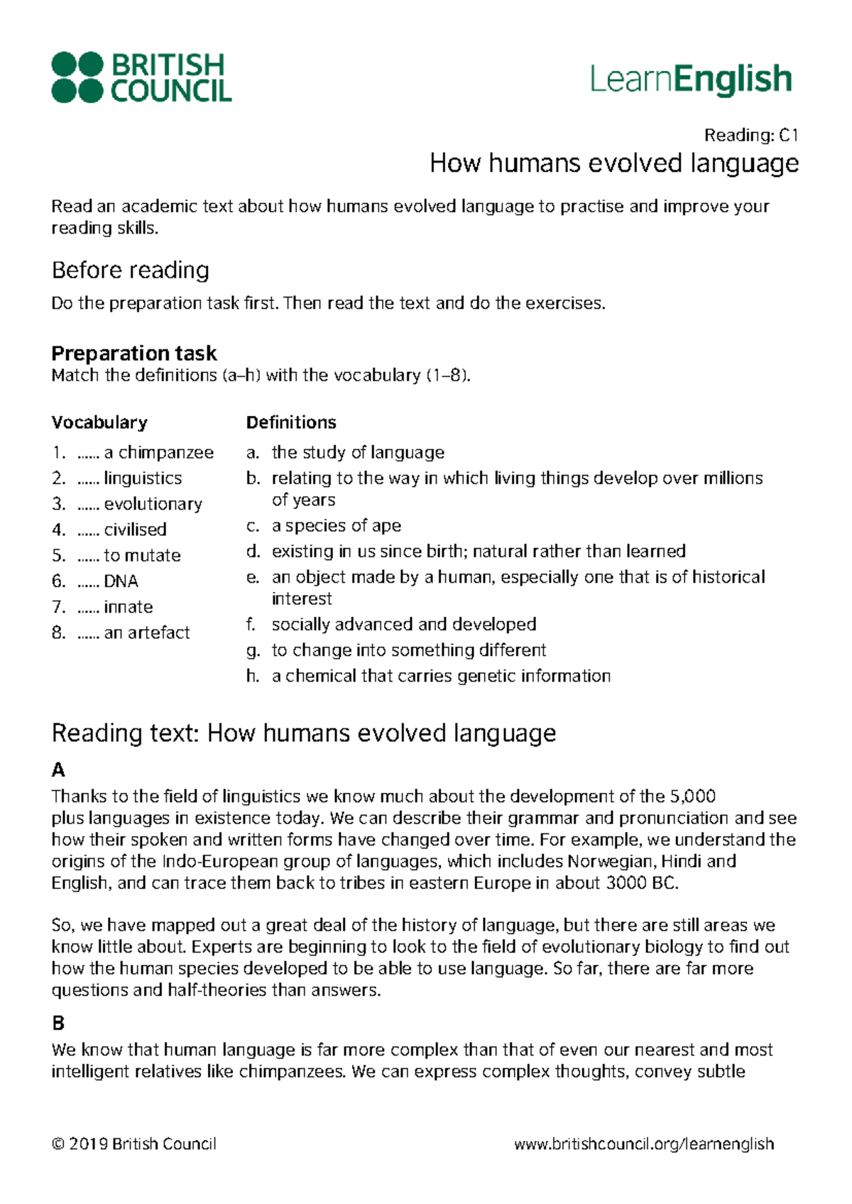 Learn English Reading C1 How humans evolved language - Reading: C How ...