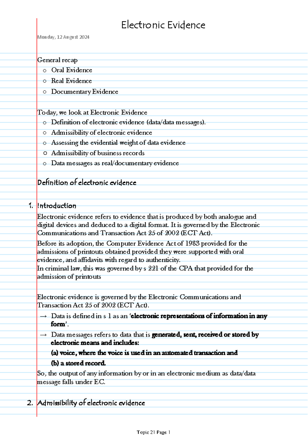 Topic 21 Electronic Evidence - General recap Oral Evidence Real ...