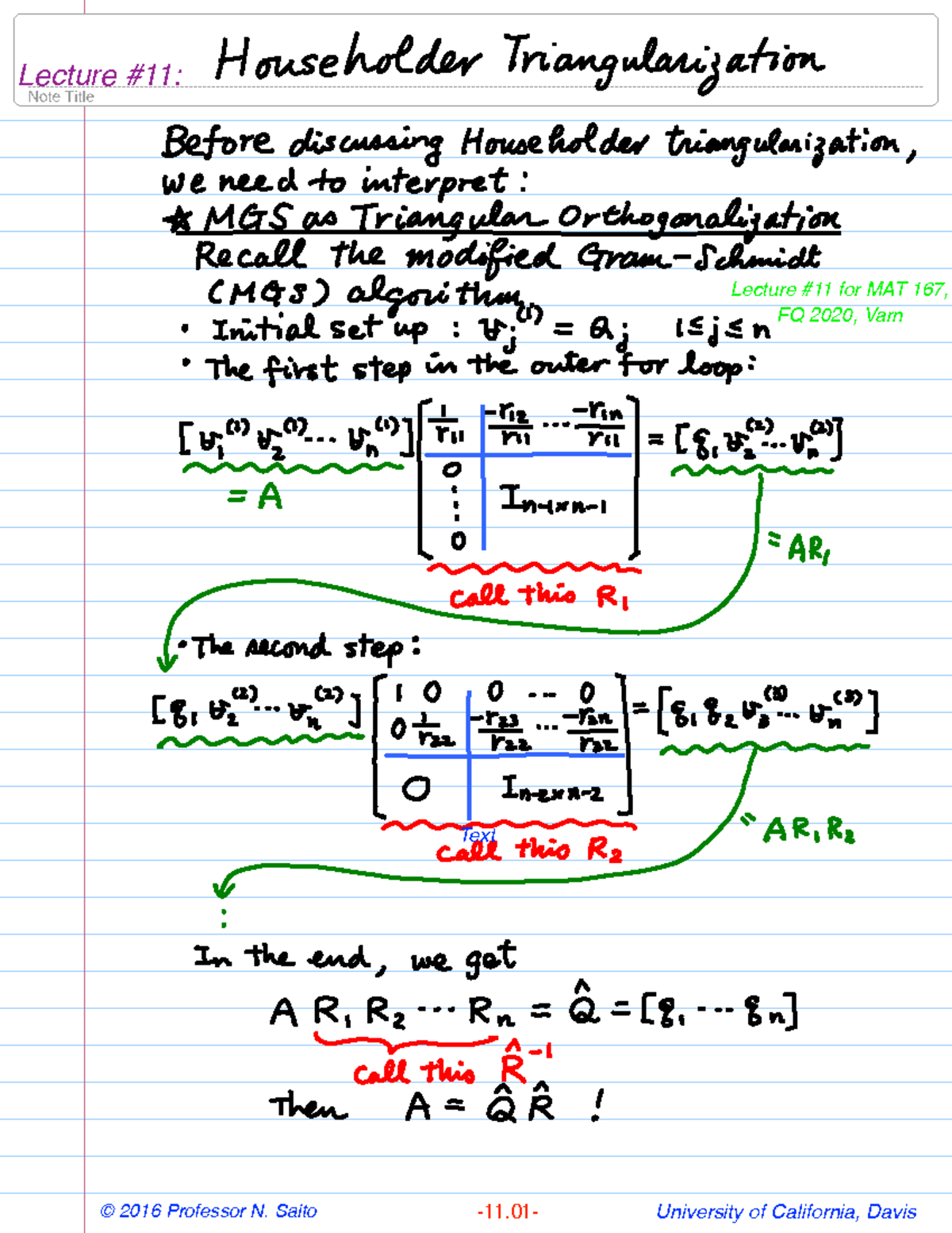 Lecture 11 - UC Davis linear algebra - MATH 110 - Studocu