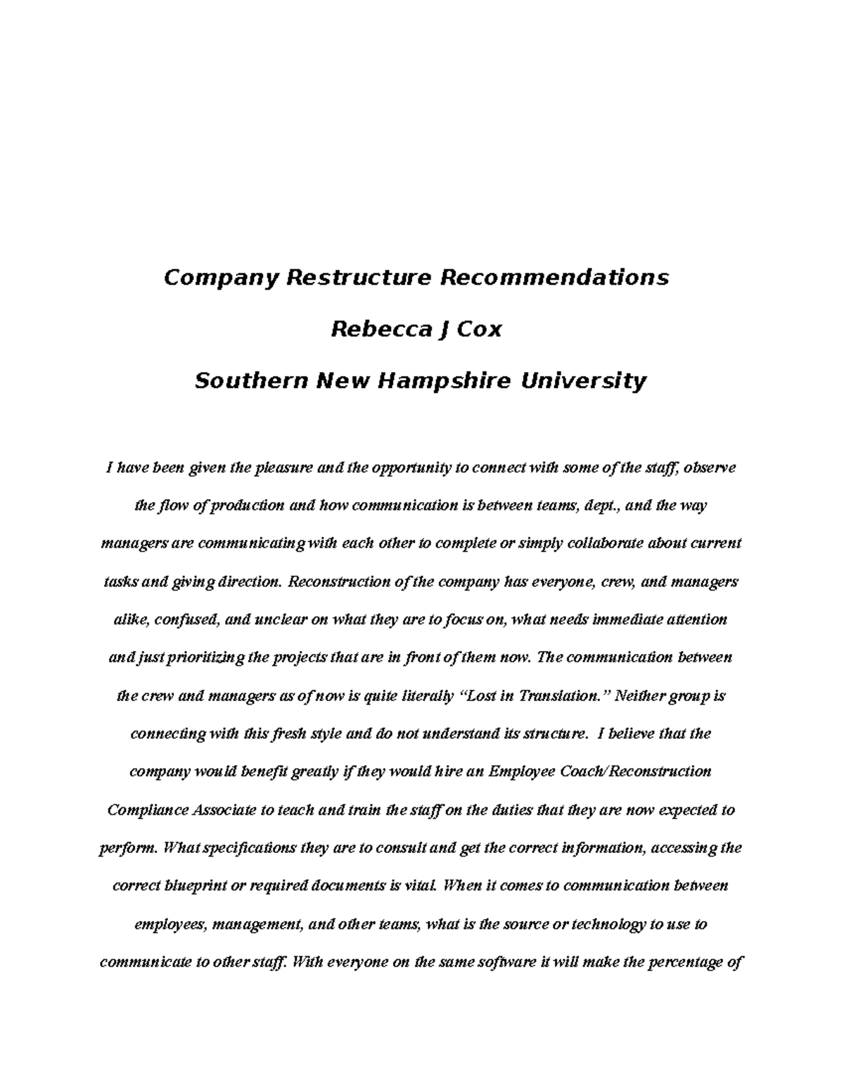 Company Restructure Recommendations - Company Restructure ...