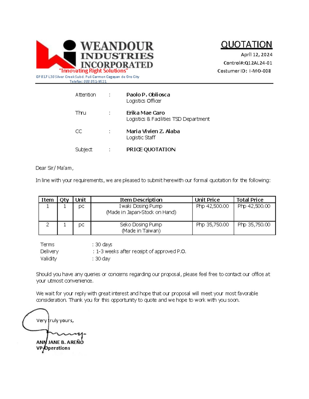 WIi-MPC dosing pump - Very truly yours, ANN JANE B. AREÑO VP-Operations ...