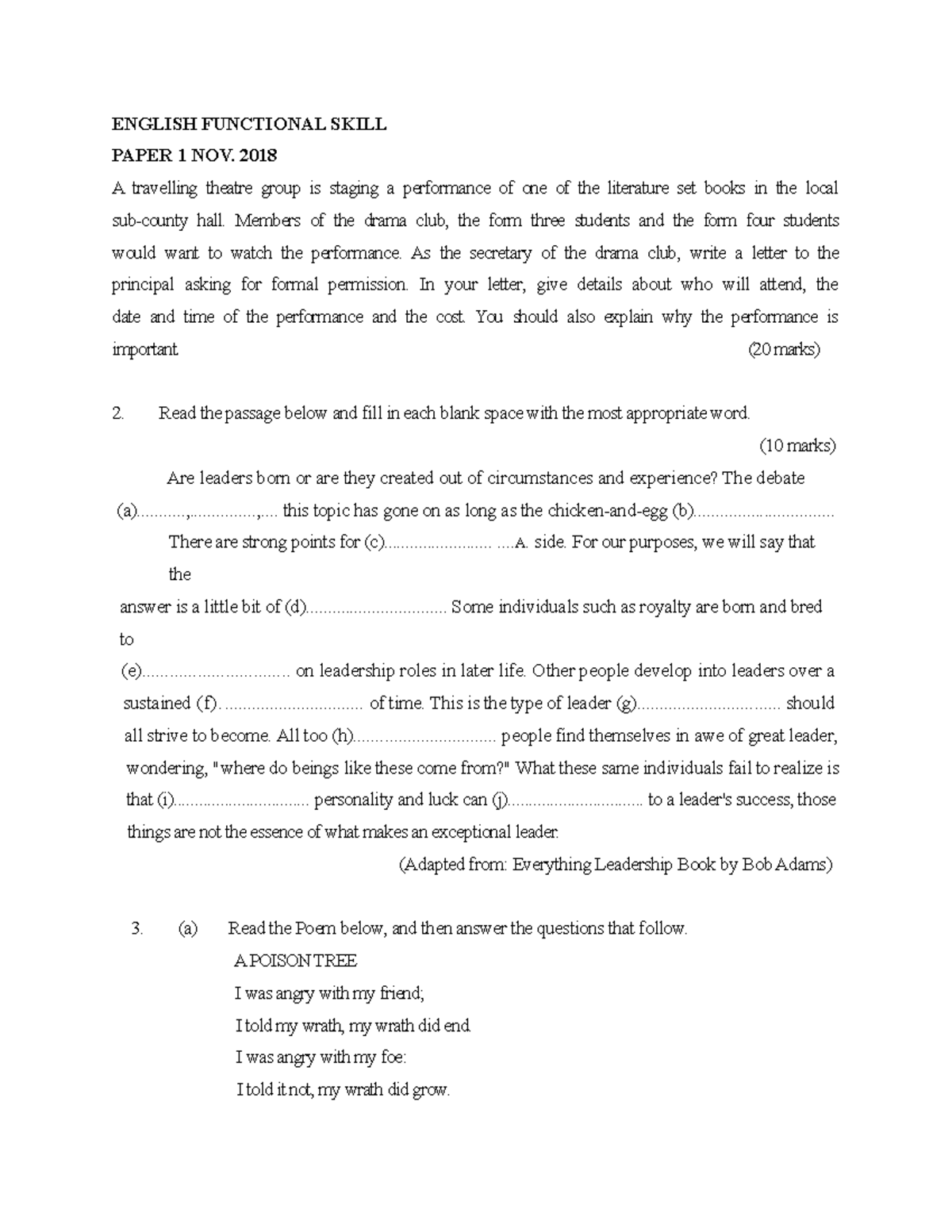 English Functional Skill - ENGLISH FUNCTIONAL SKILL PAPER 1 NOV. 2018 A ...