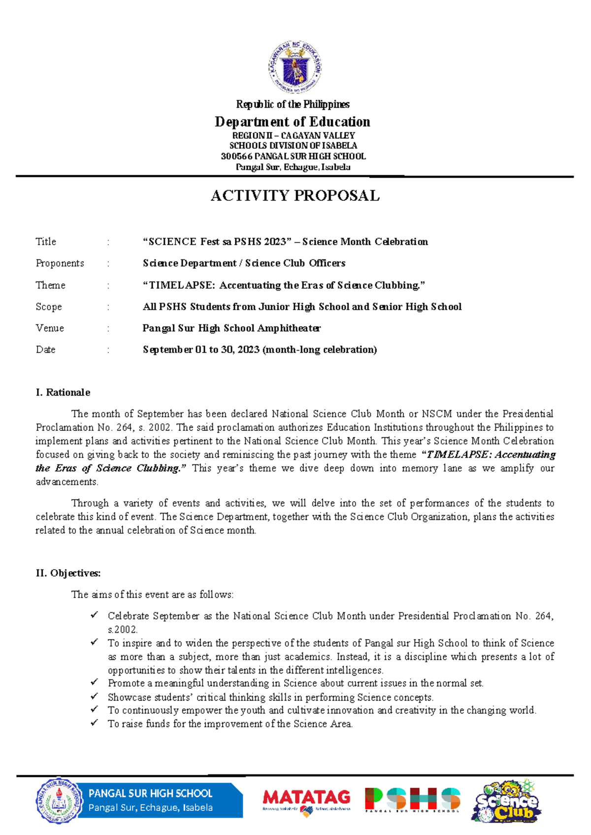 Activity Proposal Science Club Different Activities - Department of ...