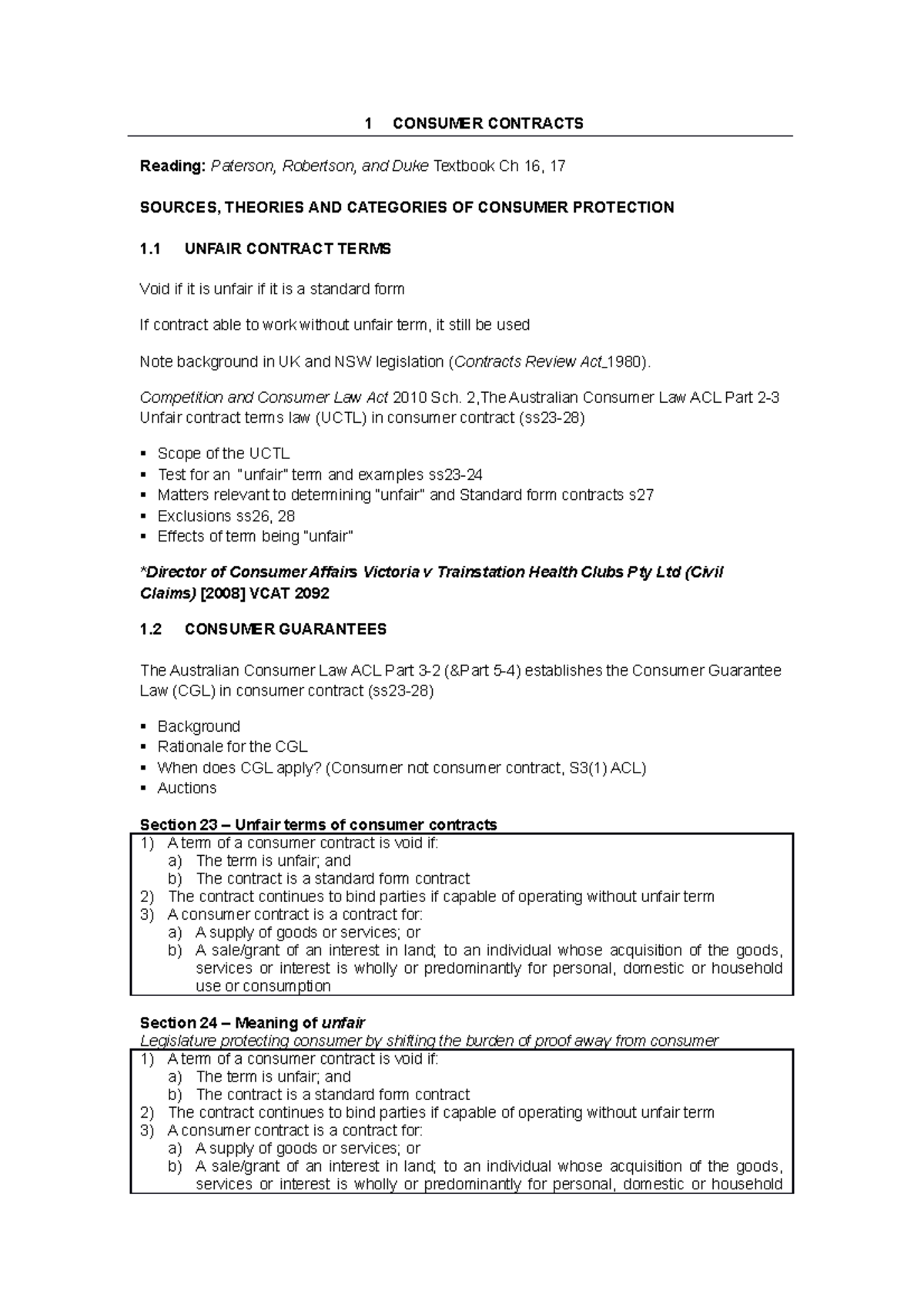 Lecture Notes - Consumer Contracts - 1 CONSUMER CONTRACTS Reading ...