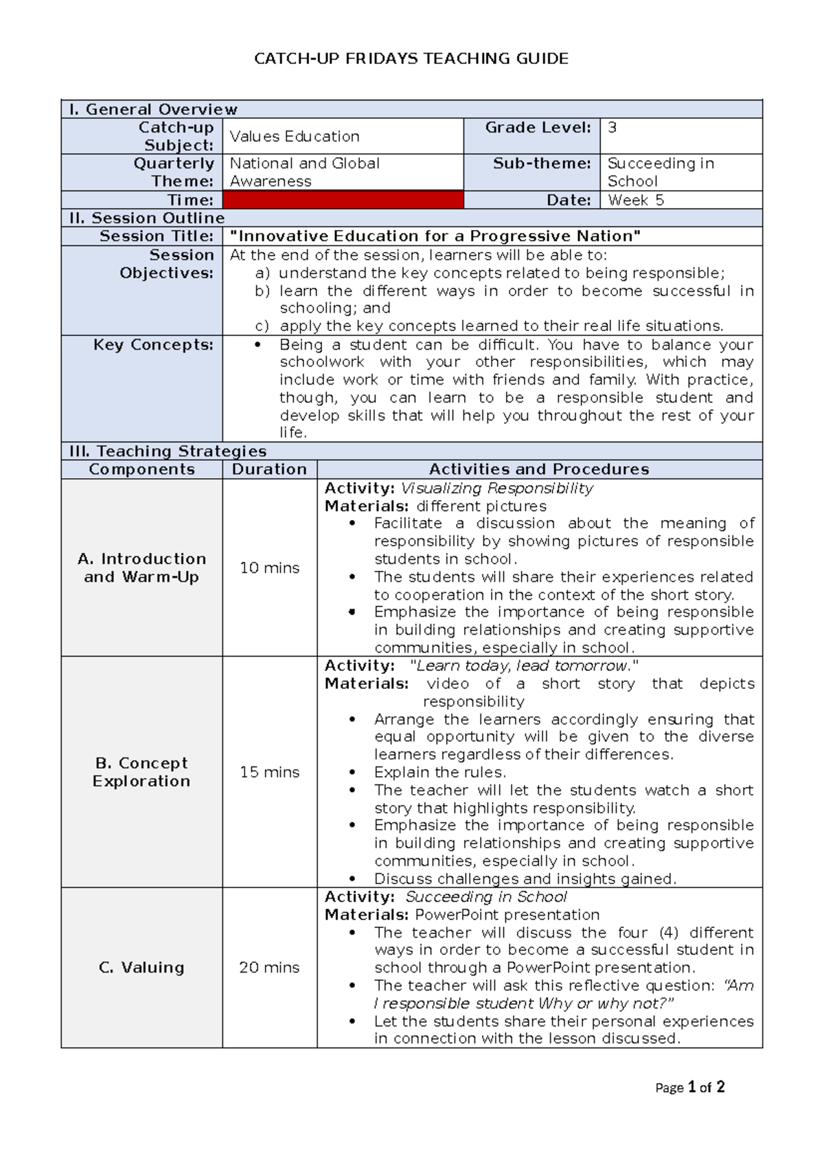 Values 3 Week 5 Q4 - Mtb - CATCH-UP FRIDAYS TEACHING GUIDE I. General ...