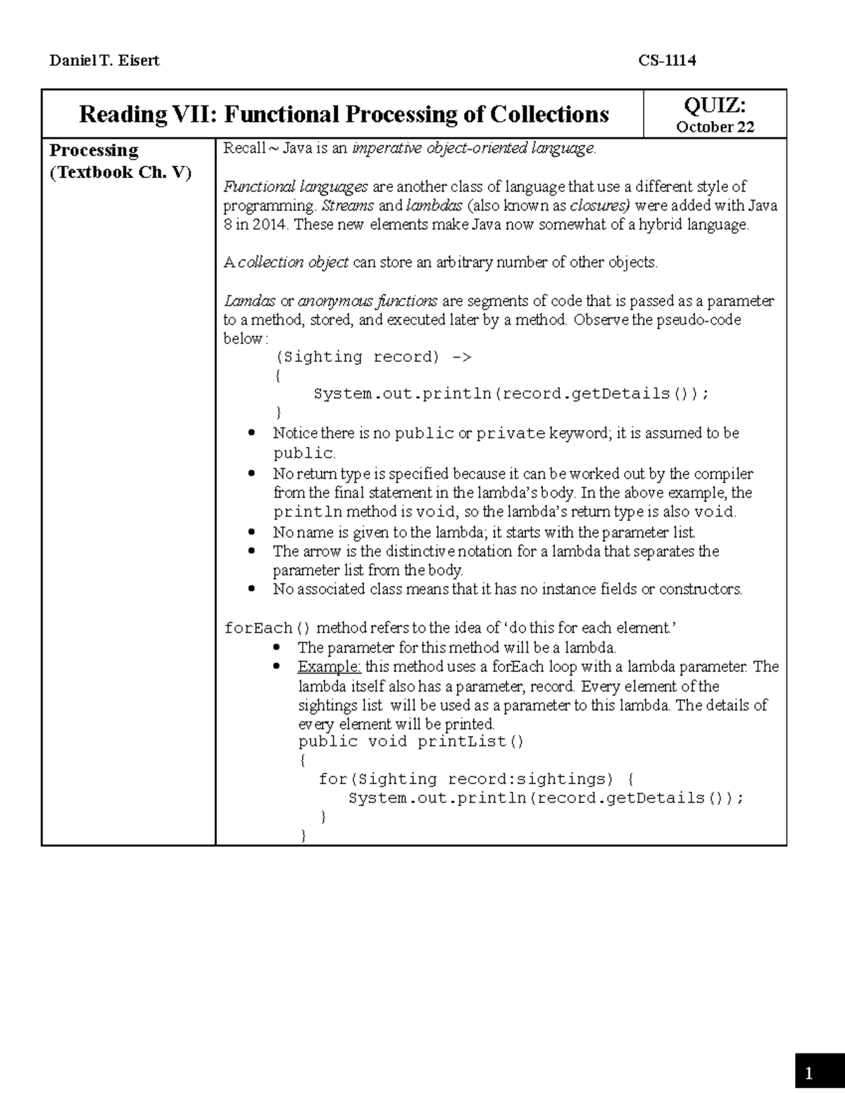 CS-1114 - Notes - Reading 7 - Reading VII: Functional Processing of ...
