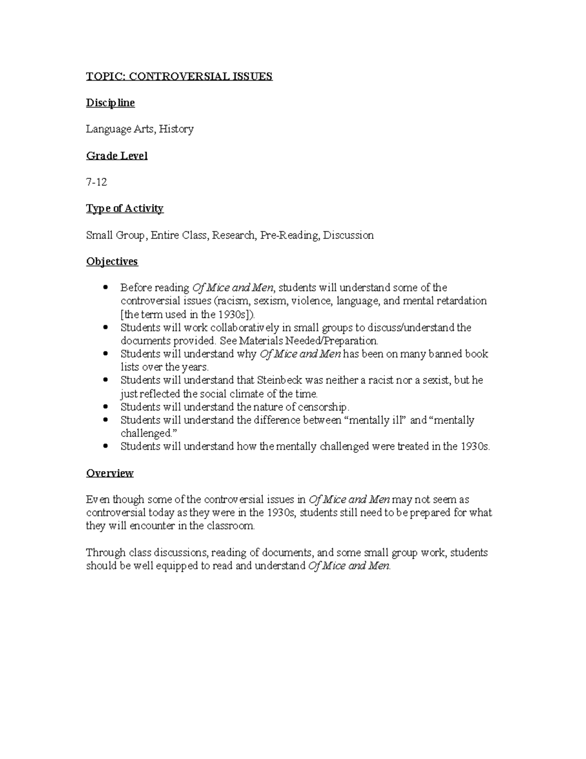 1-01 Controversial Topics - TOPIC: CONTROVERSIAL ISSUES Discipline ...