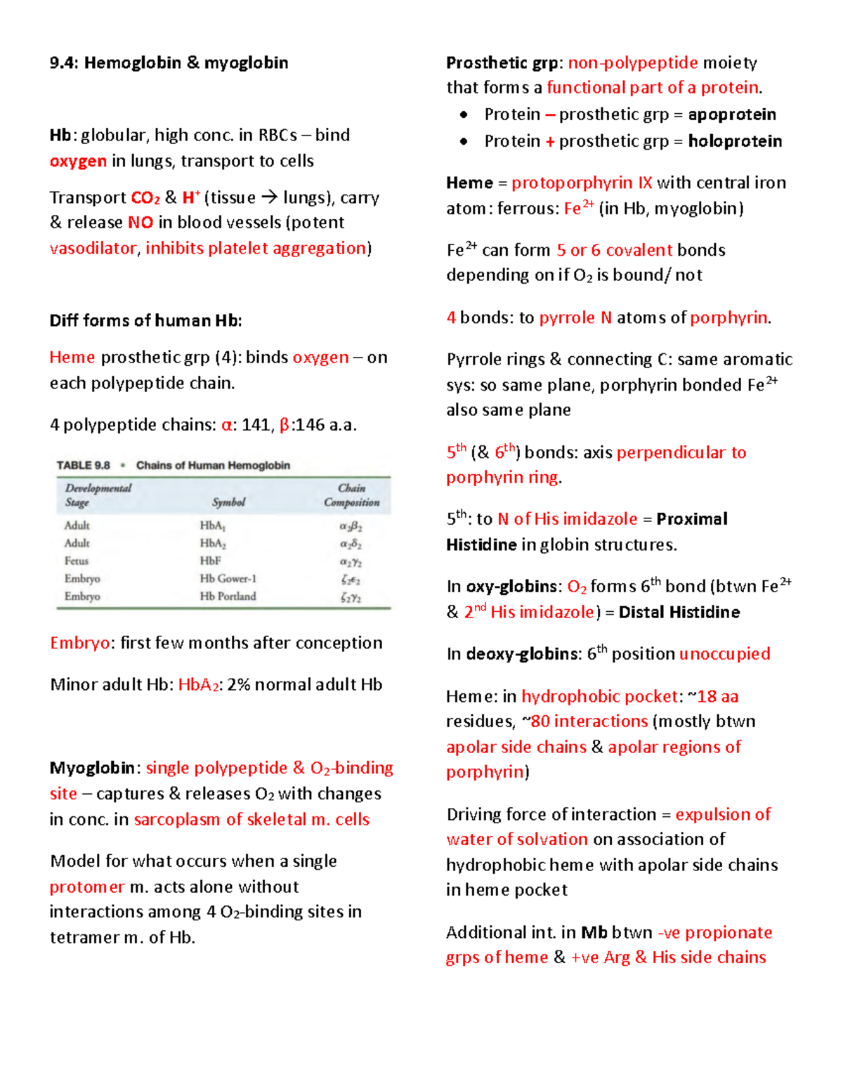 1. Hemoglobin & Myoglobin - 9: Hemoglobin & myoglobin Hb: globular ...