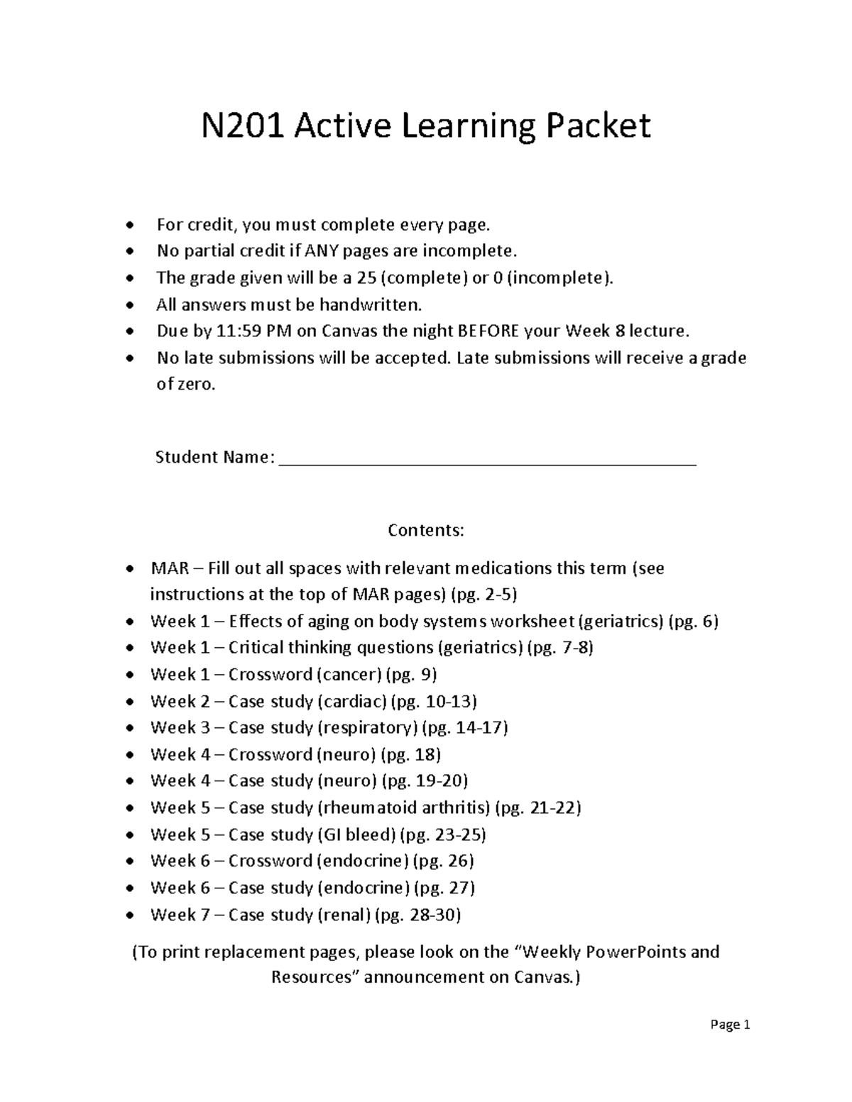 Active Learning Packet - • No partial credit if ANY pages are ...