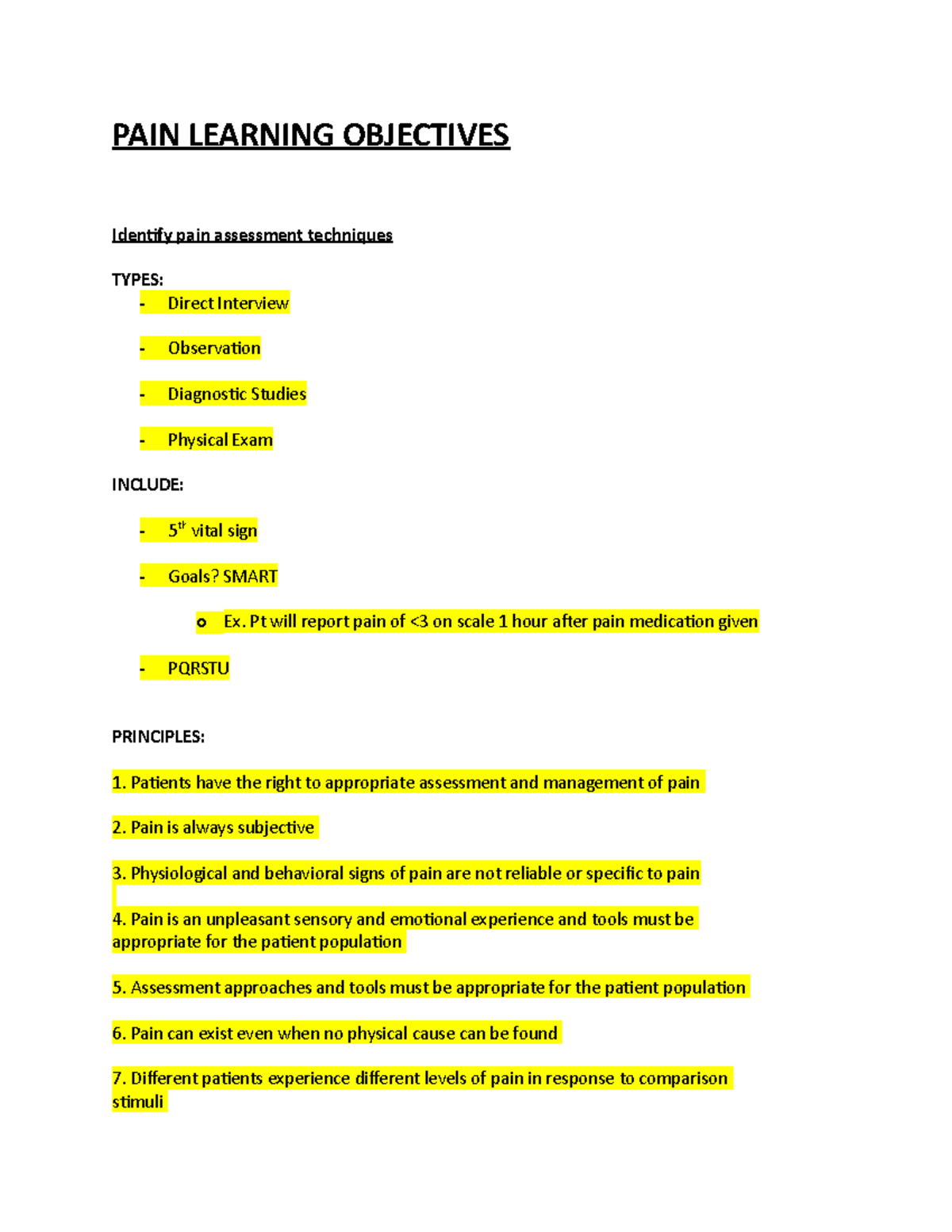 Pain Learning Objectives - PAIN LEARNING OBJECTIVES Identify pain ...
