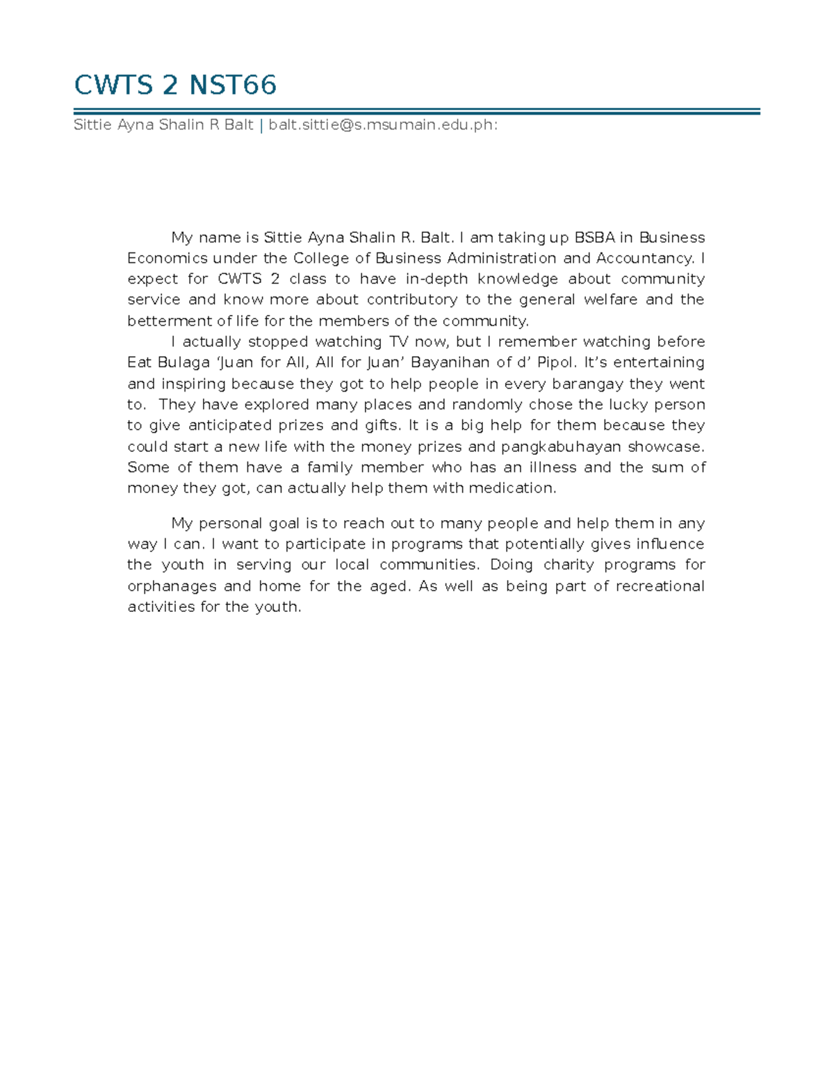 CWTS 2 Activity 1 - assignment - CWTS 2 NST Sittie Ayna Shalin R Balt | balt@s.msumain.edu: My ...