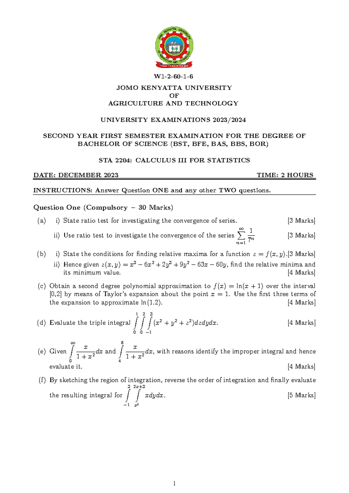 Exam (STA 2204) - 2023 December (Prof. Okelo) - W1-2-60-1- JOMO ...