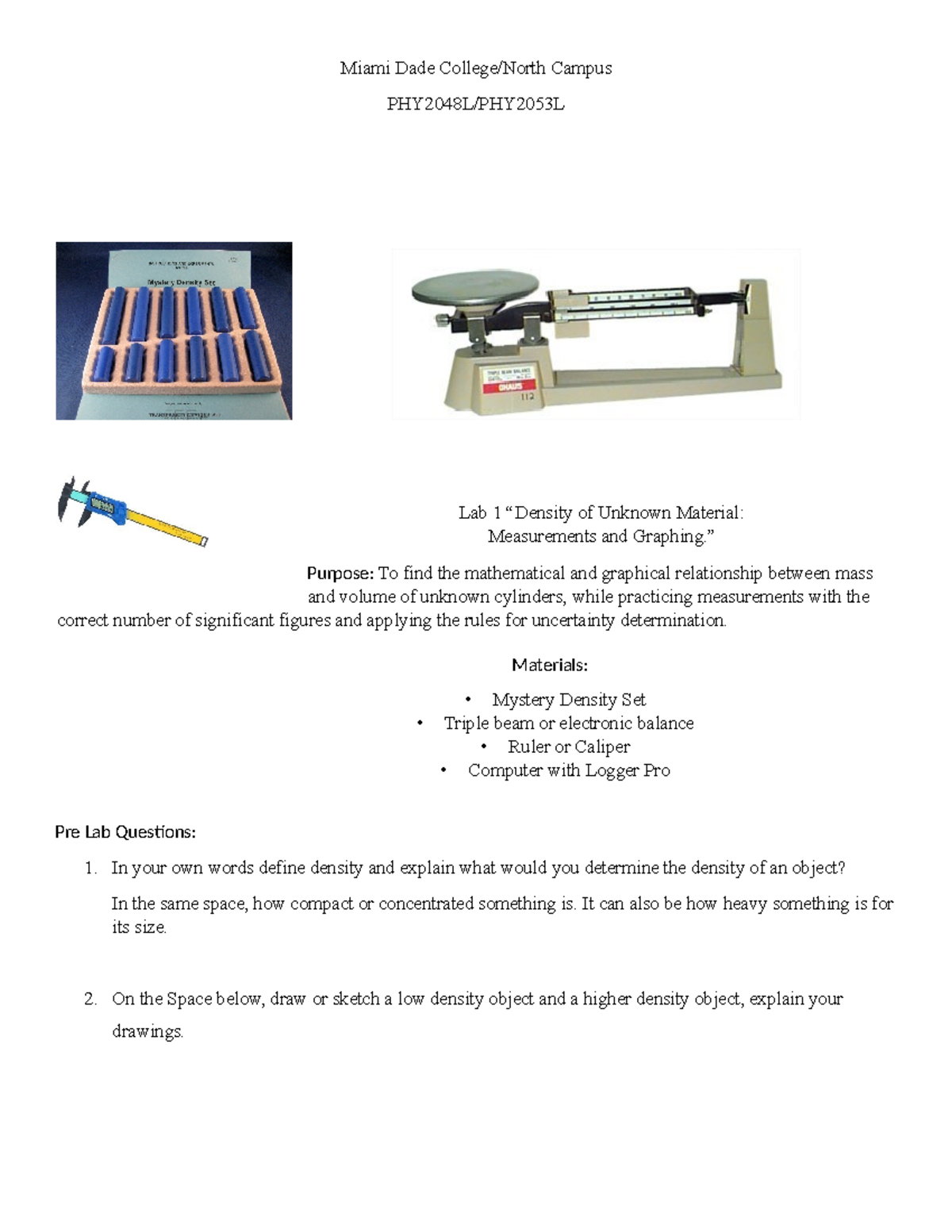 Lab 1 Density and Measurements - Miami Dade College/North Campus ...
