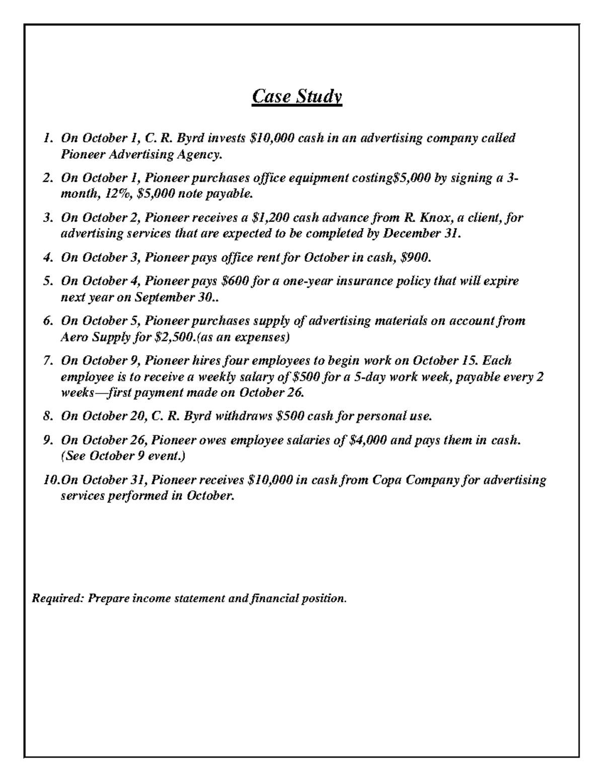 Case Study - MBA COURSE - Case Study On October 1, C. R. Byrd invests ...