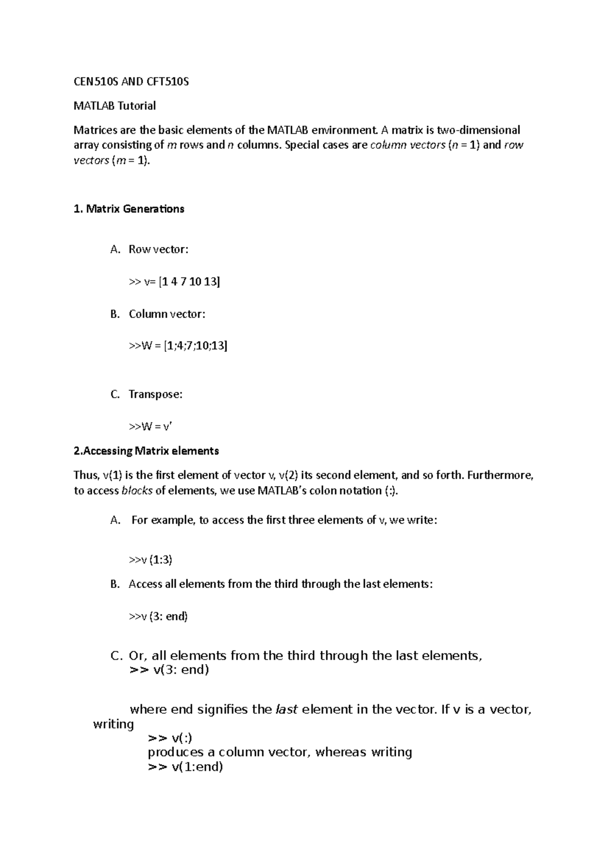 Matrices Matlab - YUP - Computing for Engineers - NUST - Studocu