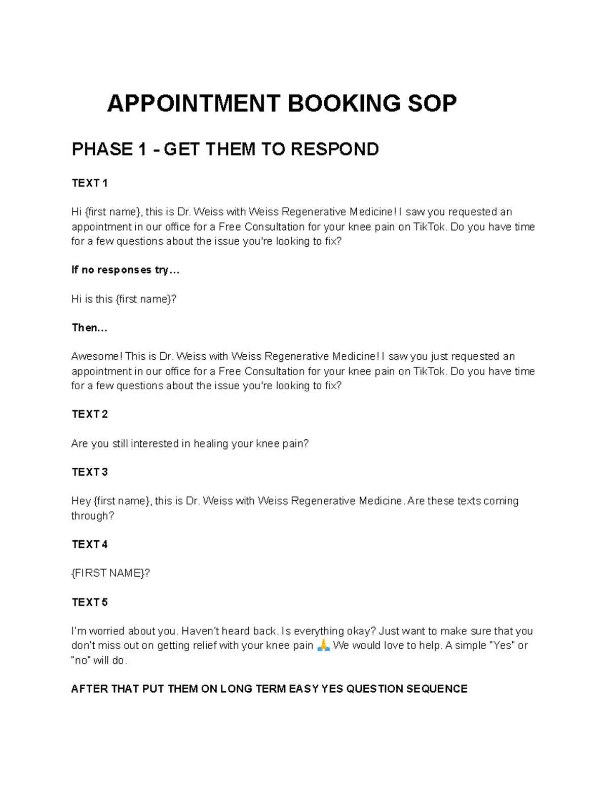 Texting - Appointment Booking Scripts - APPOINTMENT BOOKING SOP PHASE 1 ...