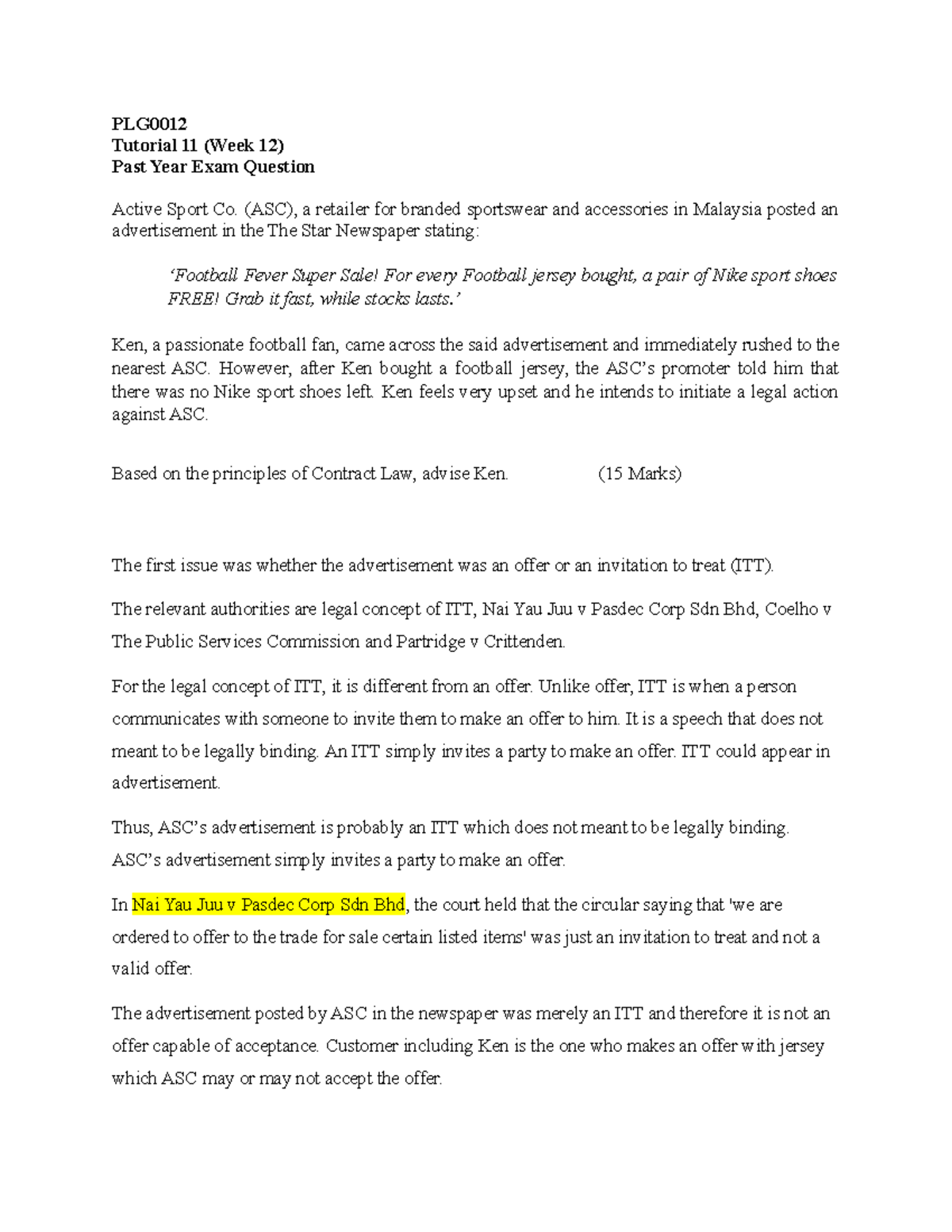 388488 TUT 11 (week 12) - past year exam question - PLG Tutorial 11 (Week 12) Past Year Exam ...